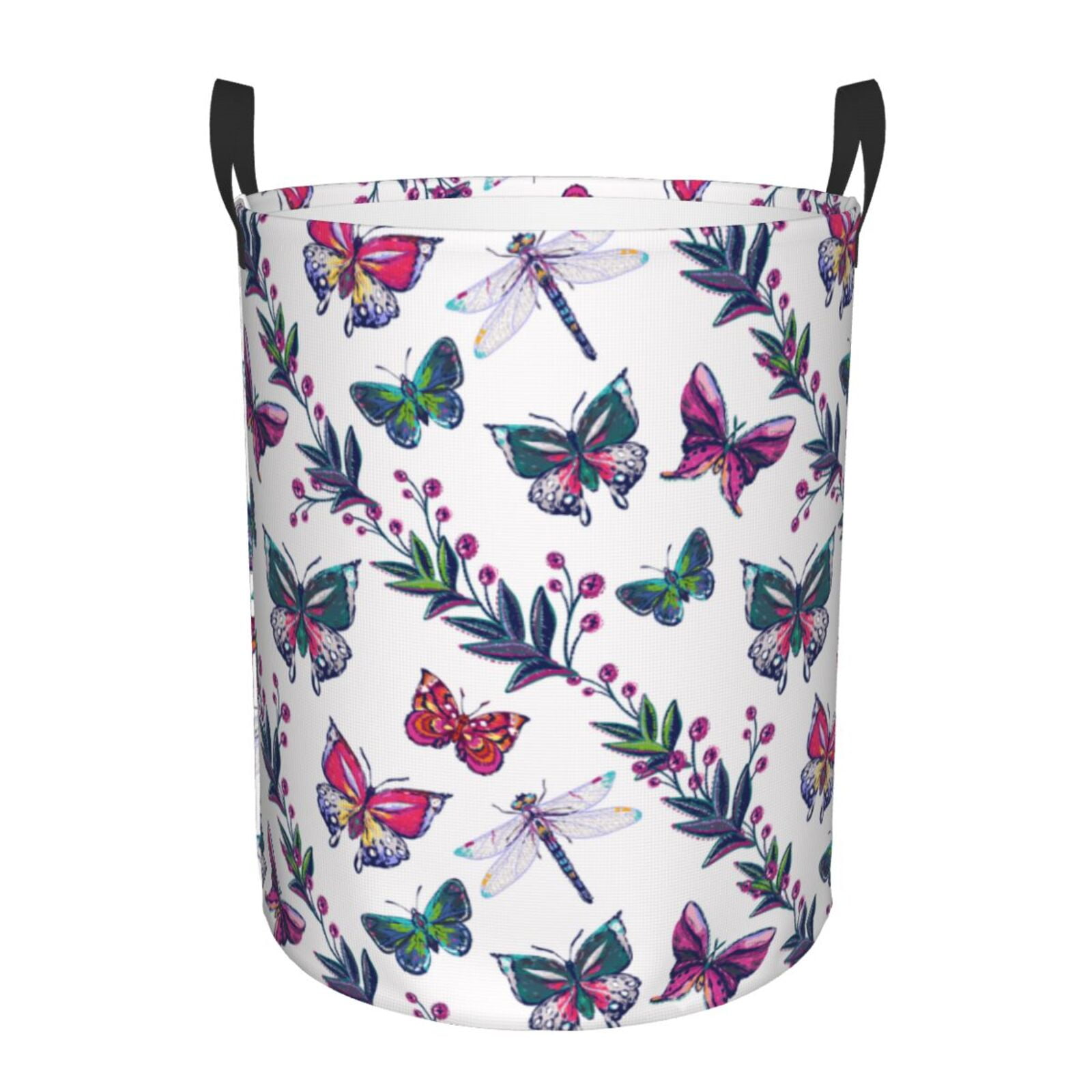 Dragonfly Plant Butterfly Round Laundry Basket, Laundry Hamper with ...