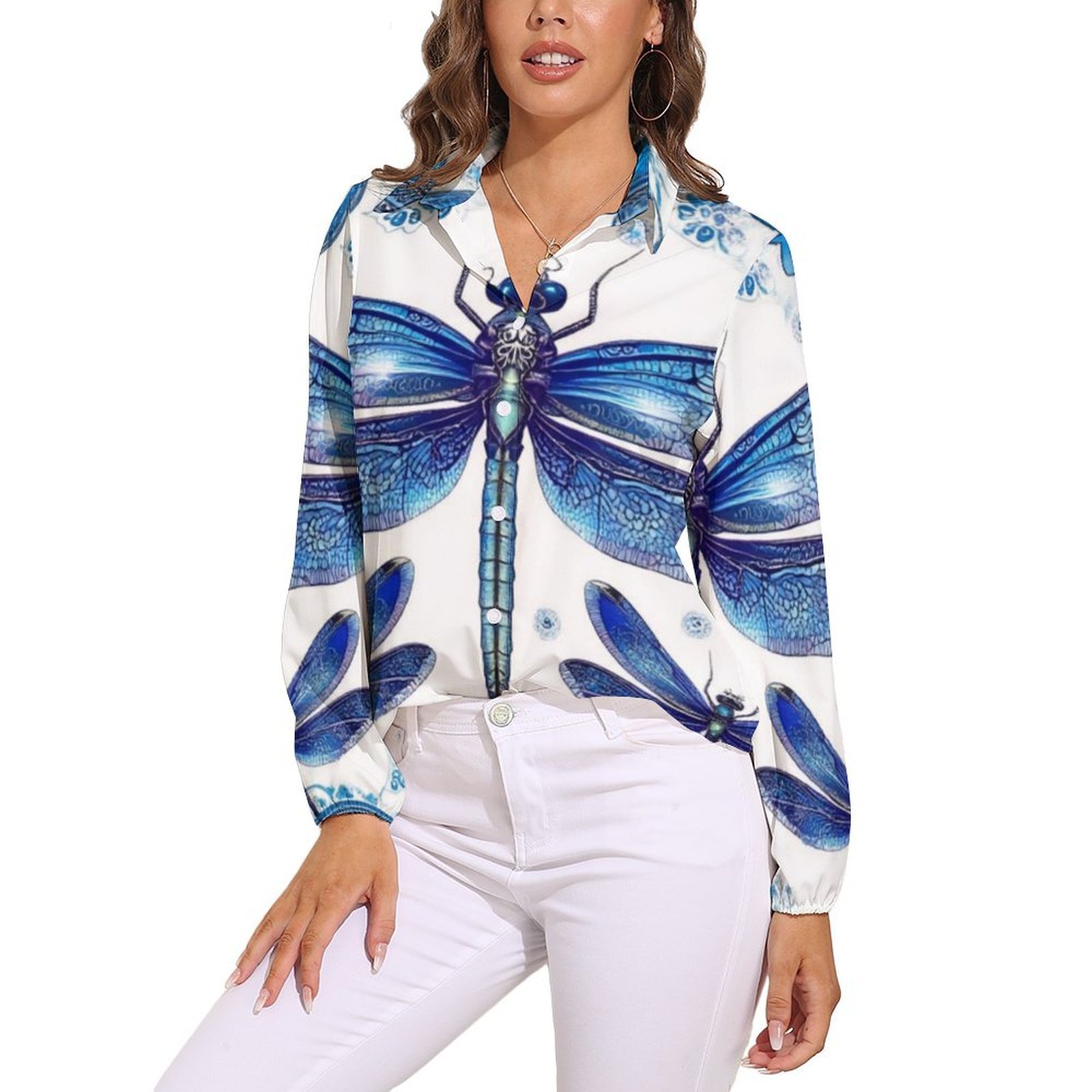 Dragonfly Print-2 Vntage Casual Long Sleeve Shirt Blouse Woman ...