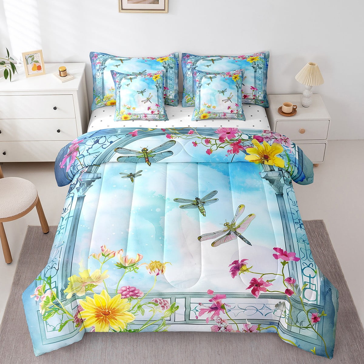 Dragonfly Queen Size Comforter Set - 7 Piece Garden Flowers Bedding ...