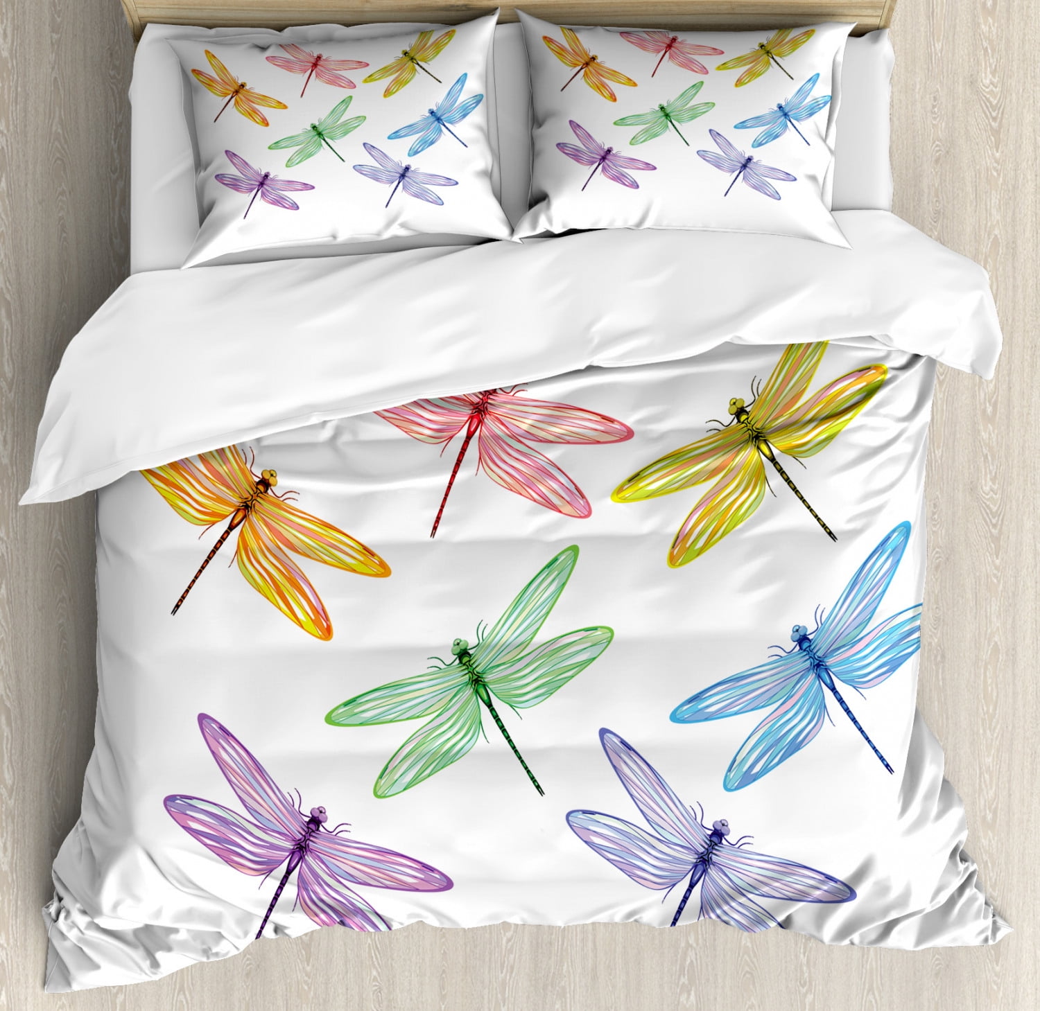 Dragonfly Queen Size Duvet Cover Set, Illustration of Fantasy Bugs with ...