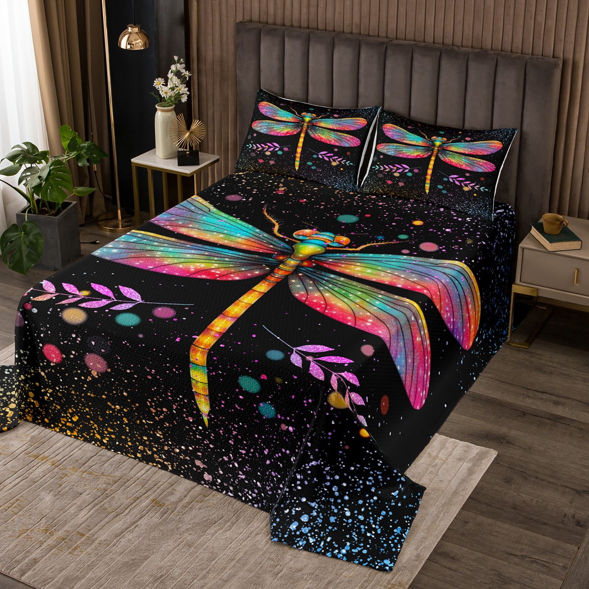 Dragonfly Quilt Set ,Colorful Dragonfly Animal Bedspread,Rustic Leaves ...