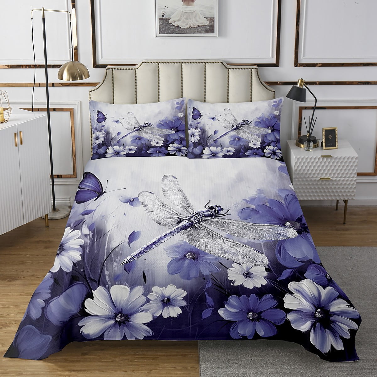 Dragonfly Quilt Set Daisy Flowers King Bedspread Set,Light Purple Ombre ...