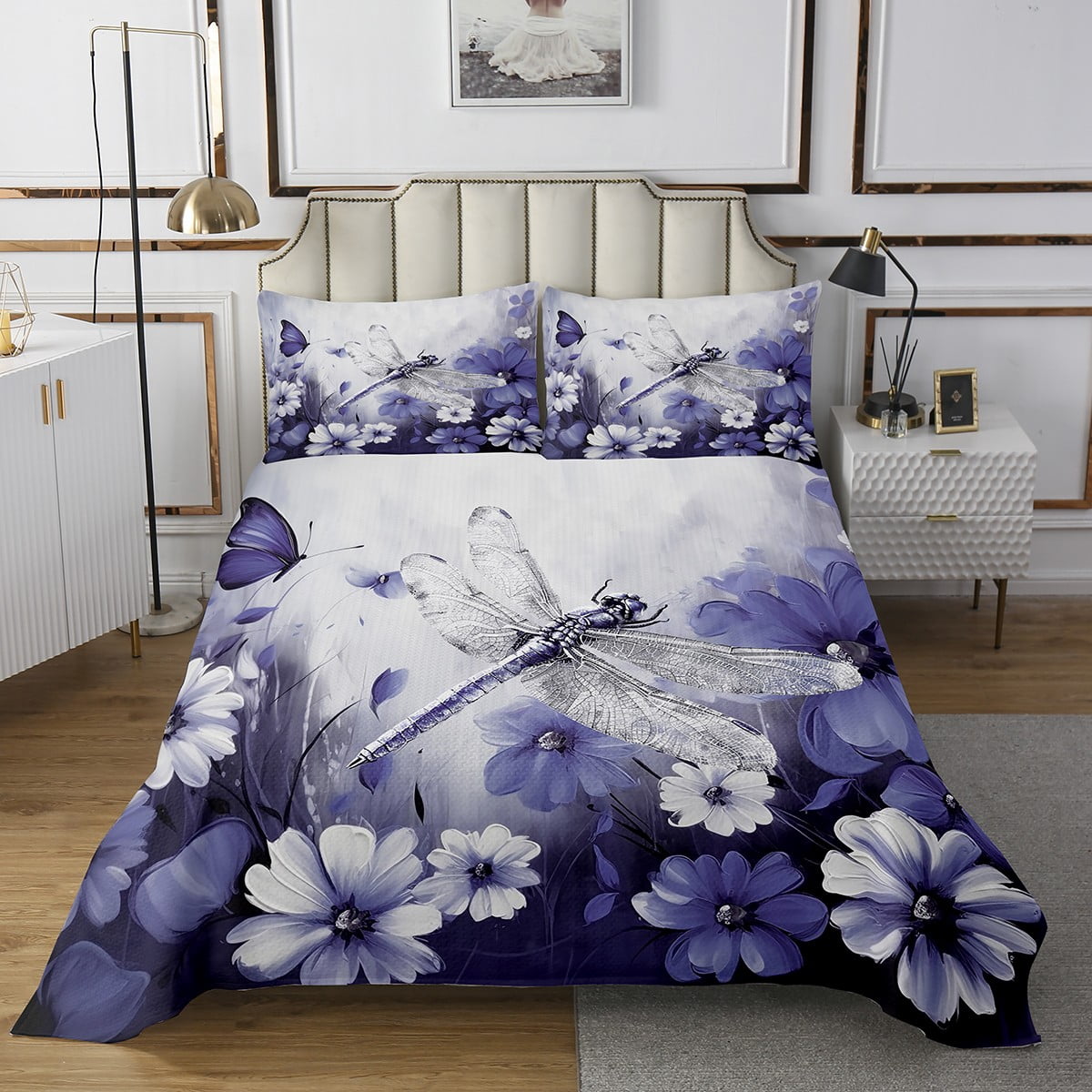 Dragonfly Quilt Set Daisy Flowers Twin Bedspread Set,Light Purple Ombre ...