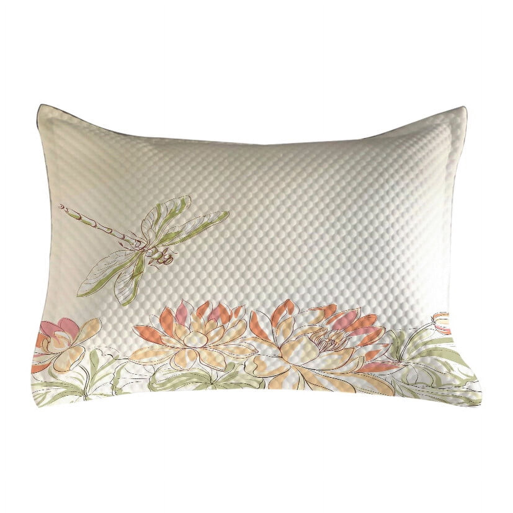 Dragonfly Quilted Pillowcover, Lotus Flower Field Winged Bug Flying ...