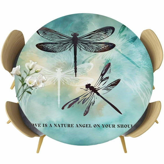 Dragonfly Round Fitted Tablecloth with Elastic Edge, Abstract Animal ...
