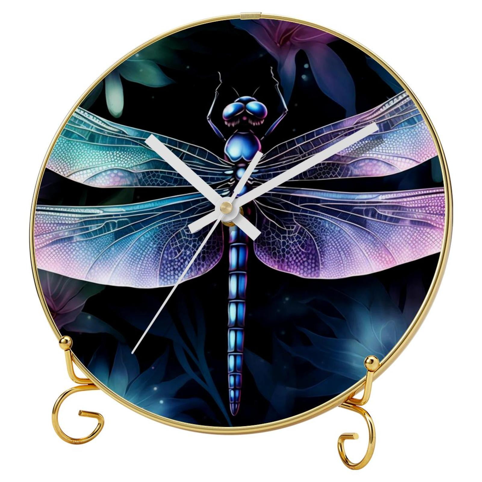 Dragonfly Round Printed Wall Clock with Hooks and Gold Stand - Silent ...