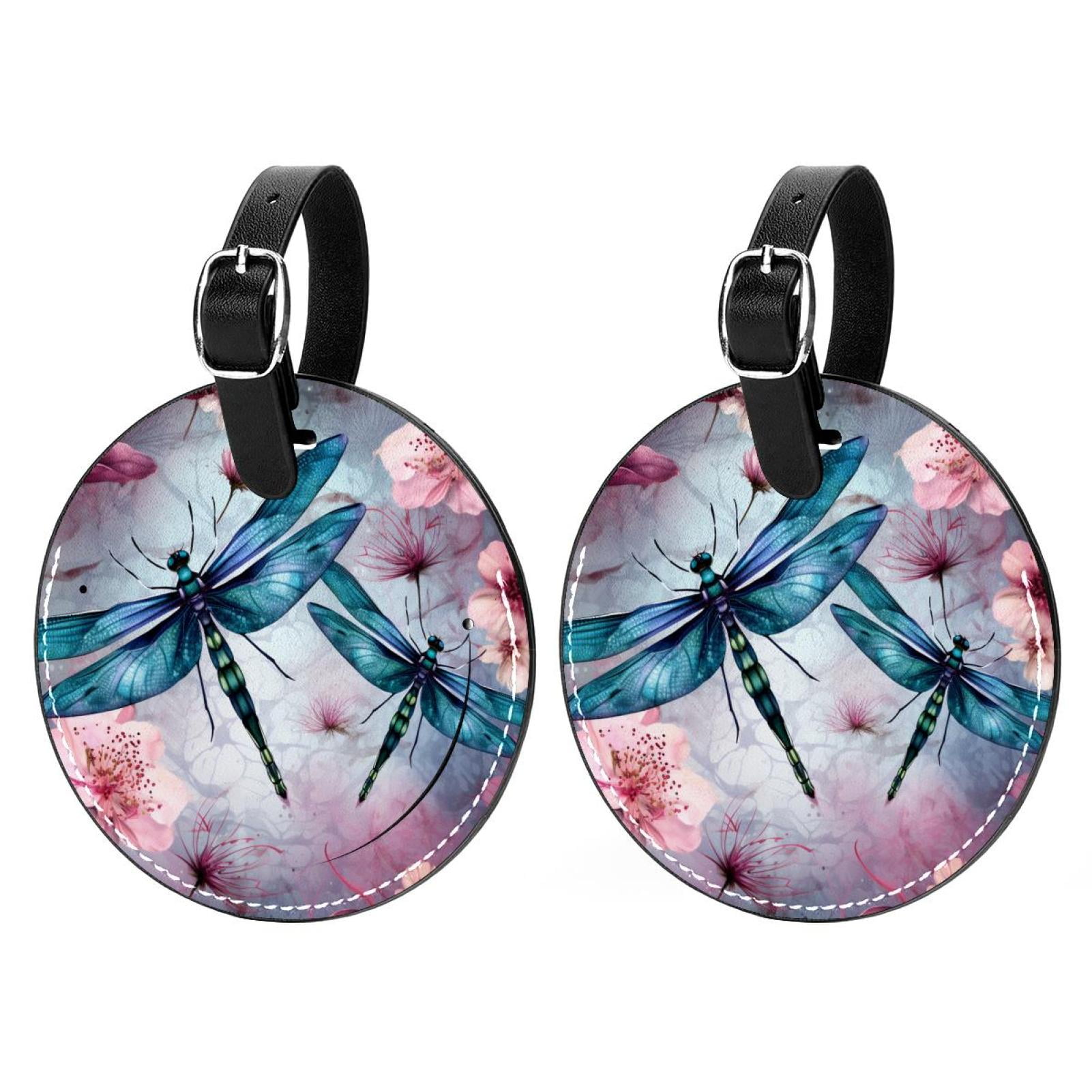 Dragonfly Set of 2pcs PU Leather Round Suitcase Tags with Privacy Cover ...