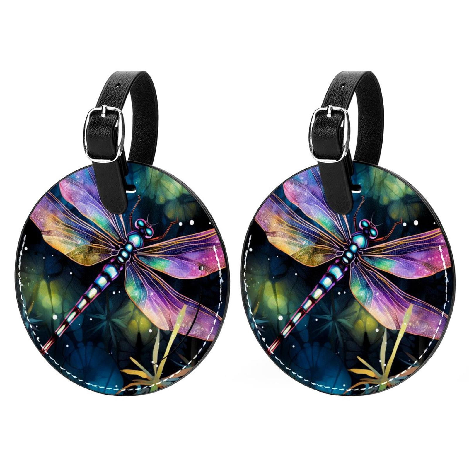 Dragonfly Set of 2pcs PU Leather Round Suitcase Tags with Privacy Cover ...