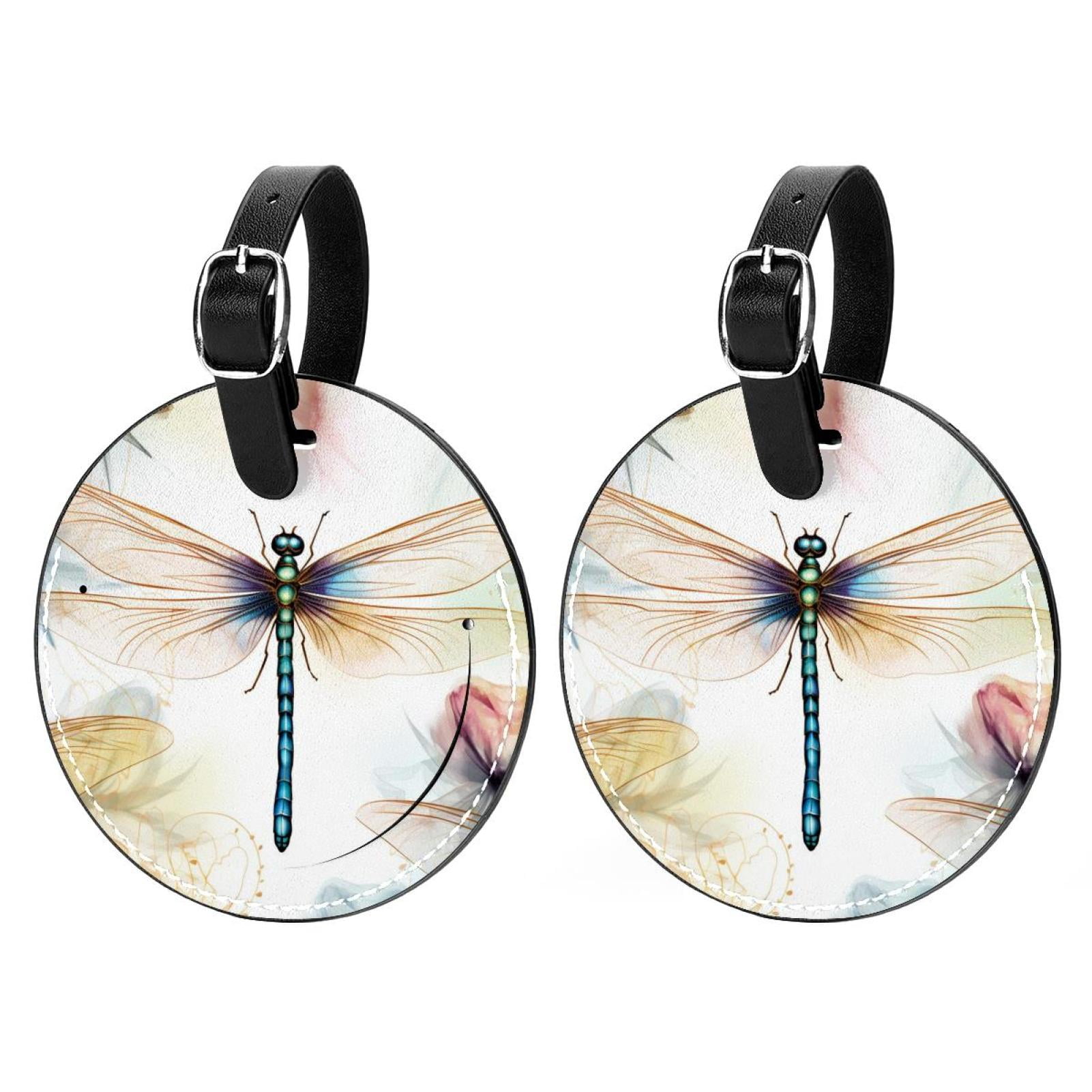 Dragonfly Set of 2pcs PU Leather Round Suitcase Tags with Privacy Cover ...