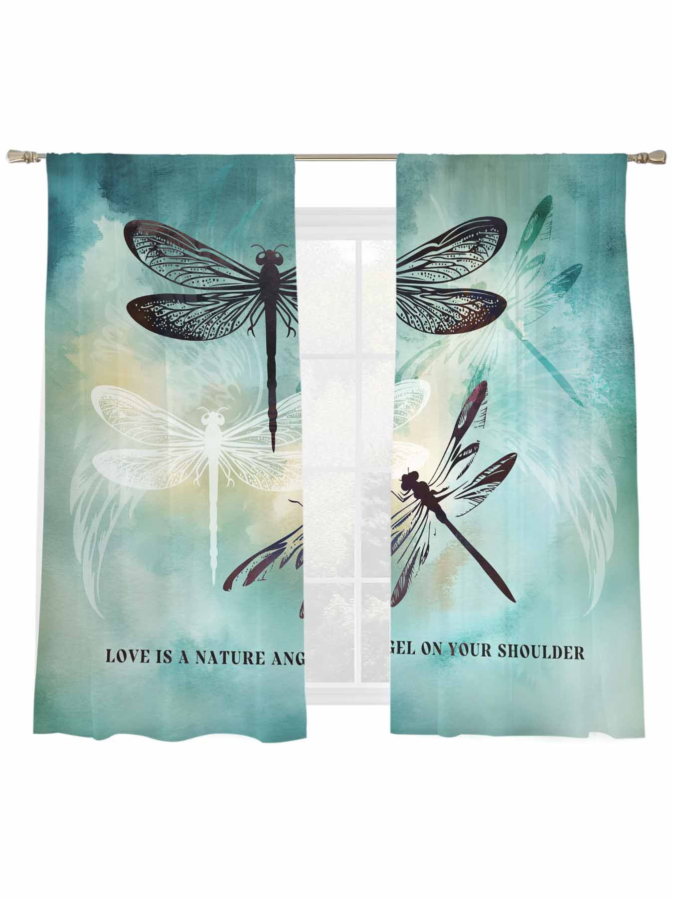 Dragonfly Sheer Curtains 2 Panels Set Abstract Animal Teal Green Yellow ...