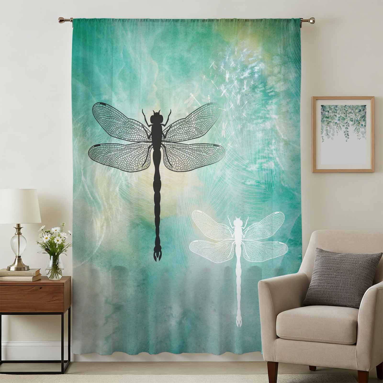 Dragonfly Sheer Curtains 72 Inches Long, Modern Abstract Gradient Teal ...
