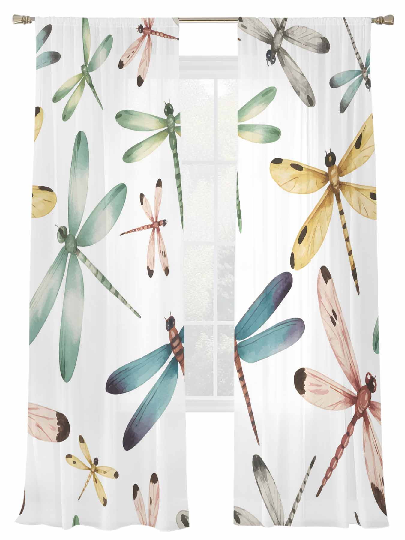 Dragonfly Sheer Curtains for Living Room Bedroom, Watercolor Colorful ...