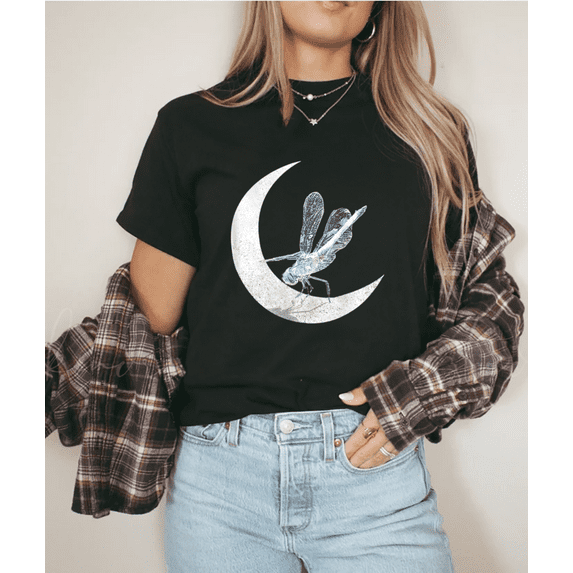 Dragonfly Sitting On Crescent Moon Celestial Witchy Goth Art Unisex T-Shirt up to Size 5XL ...