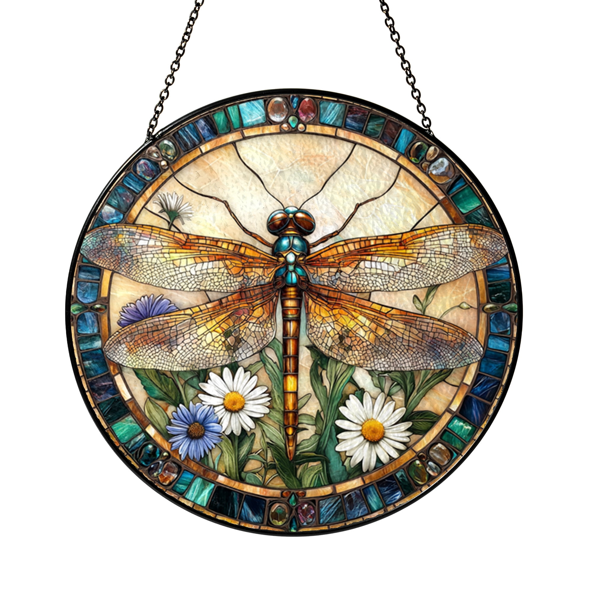 Dragonfly Stained Glass Suncatcher Round Window Hanging, Floral Nature ...