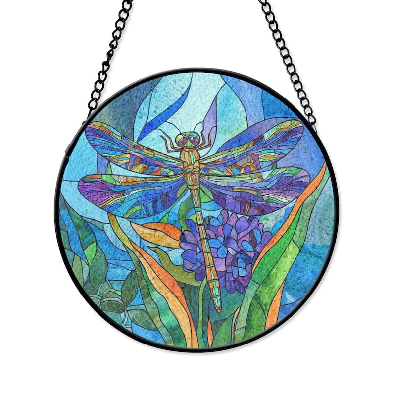 Dragonfly Stained Glass Window Hanging with Colorful Floral and Nature ...