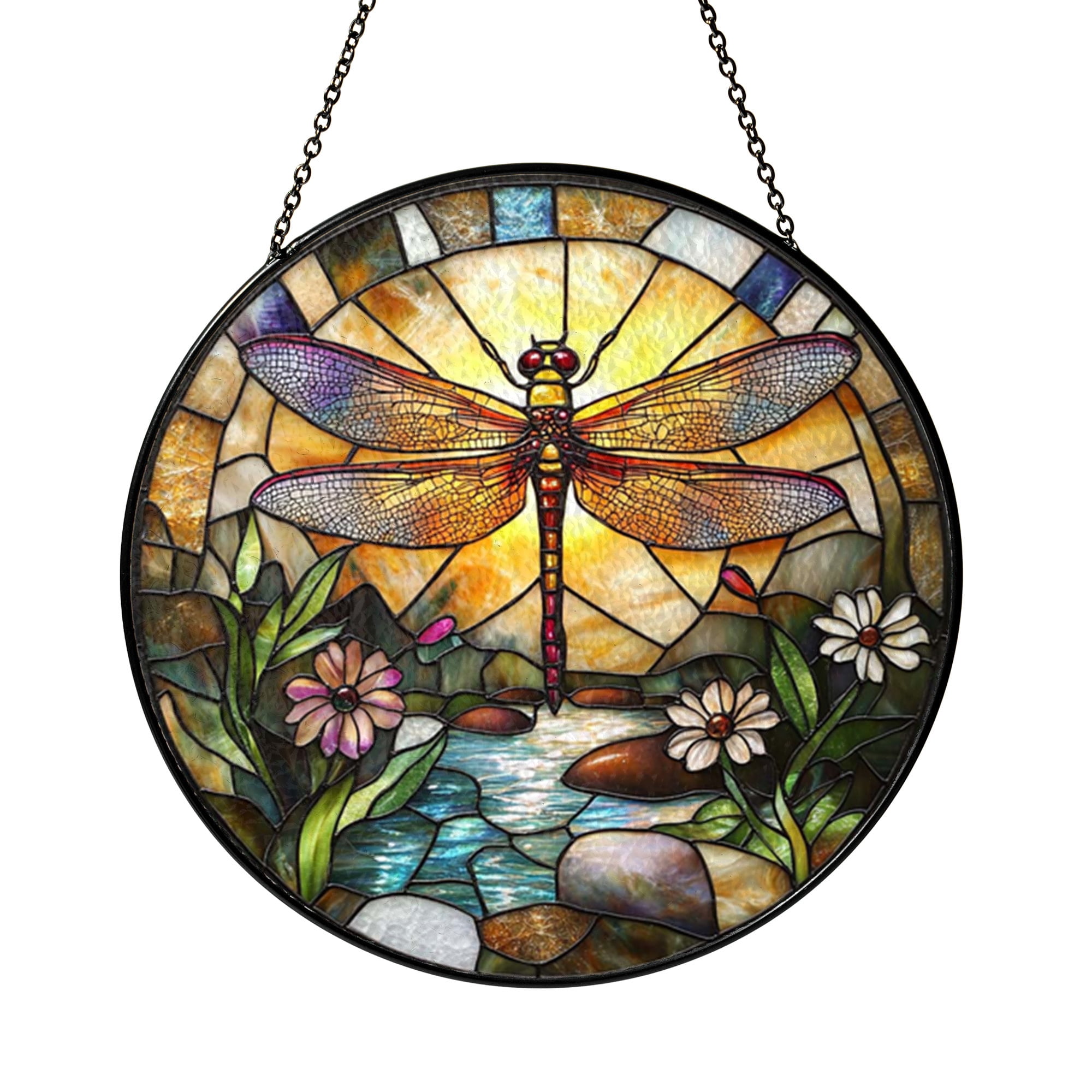 Dragonfly Sunset Stained Glass Style Window Suncatcher – Garden Decor ...