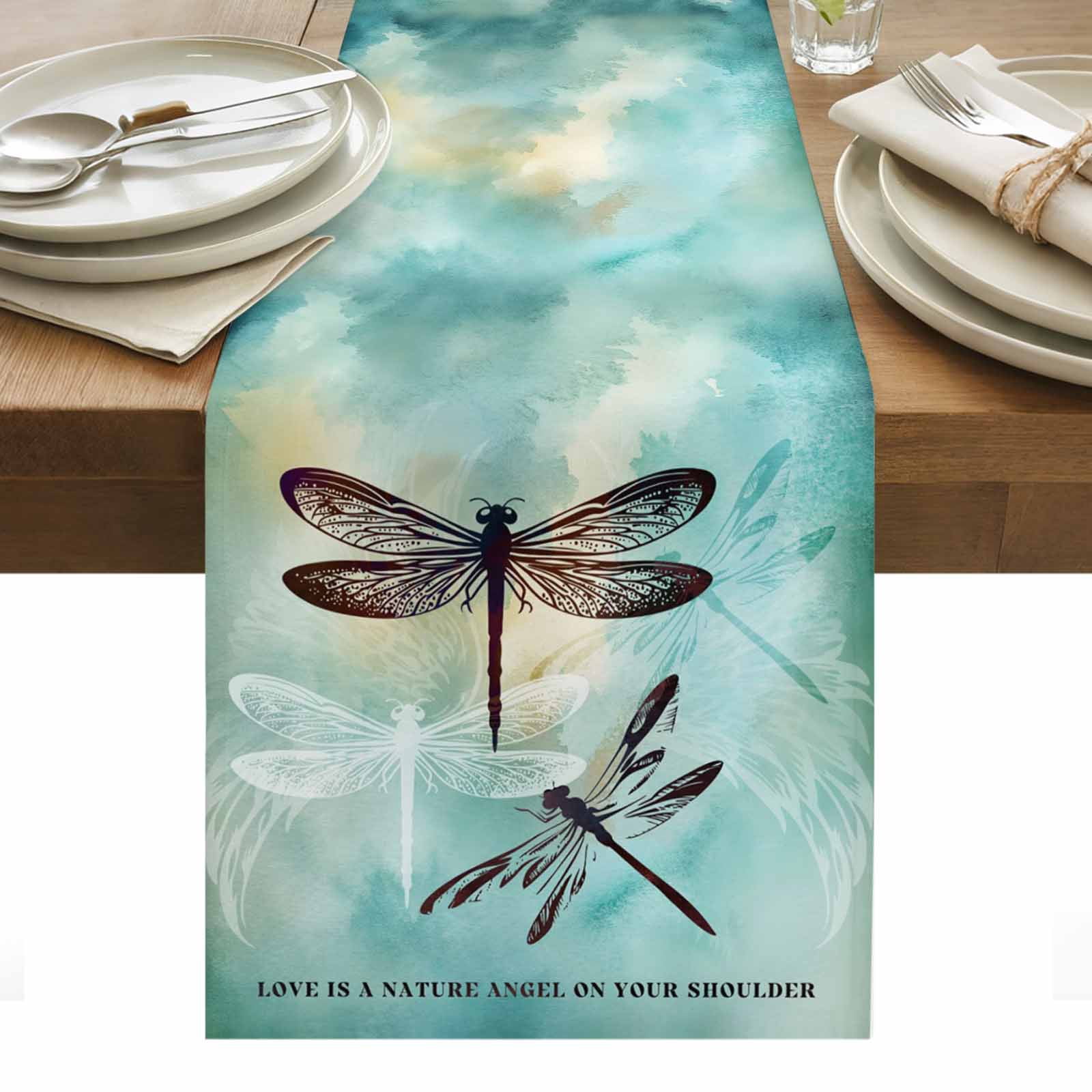 Dragonfly Table Runner 16 x 72 Inch, Abstract Animal Teal Green Yellow ...