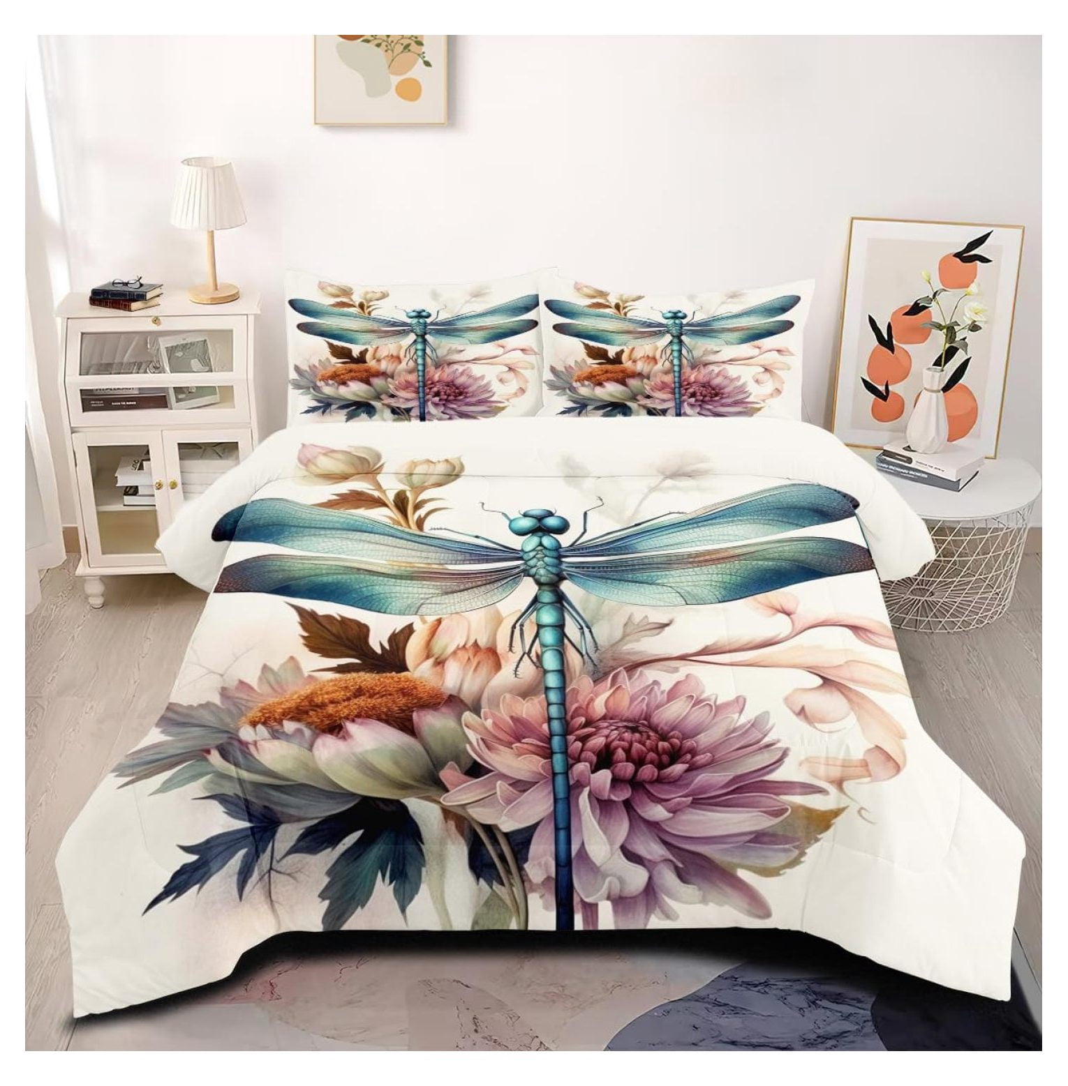 Dragonfly Teen Comforter Set Purple Flowers Full Size Bedding Green ...