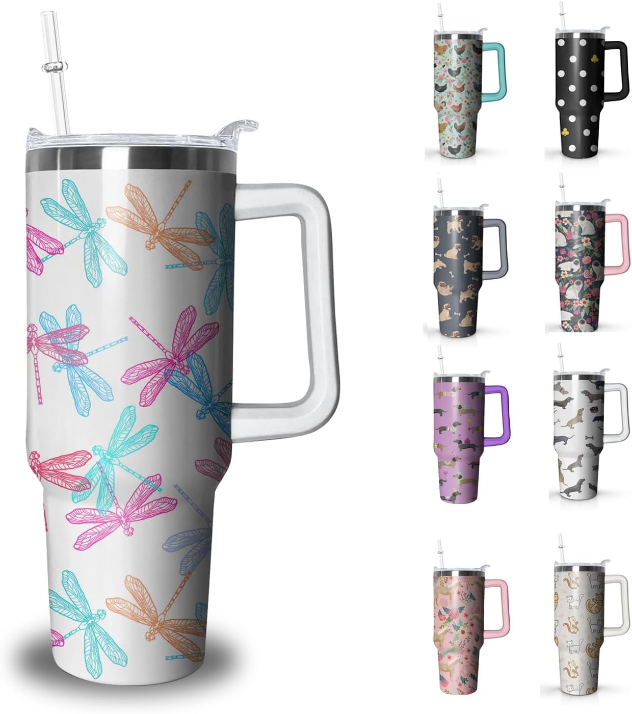 Dragonfly Tumbler with Handle and Straw, 40 oz Stainless Steel Pink ...