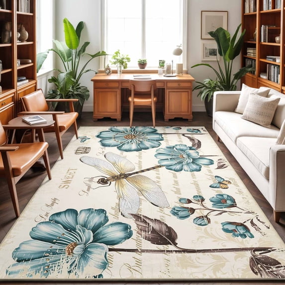 Dragonfly Washable Area Rug 5 x 7 ft Art Teal Floral Blooming ...