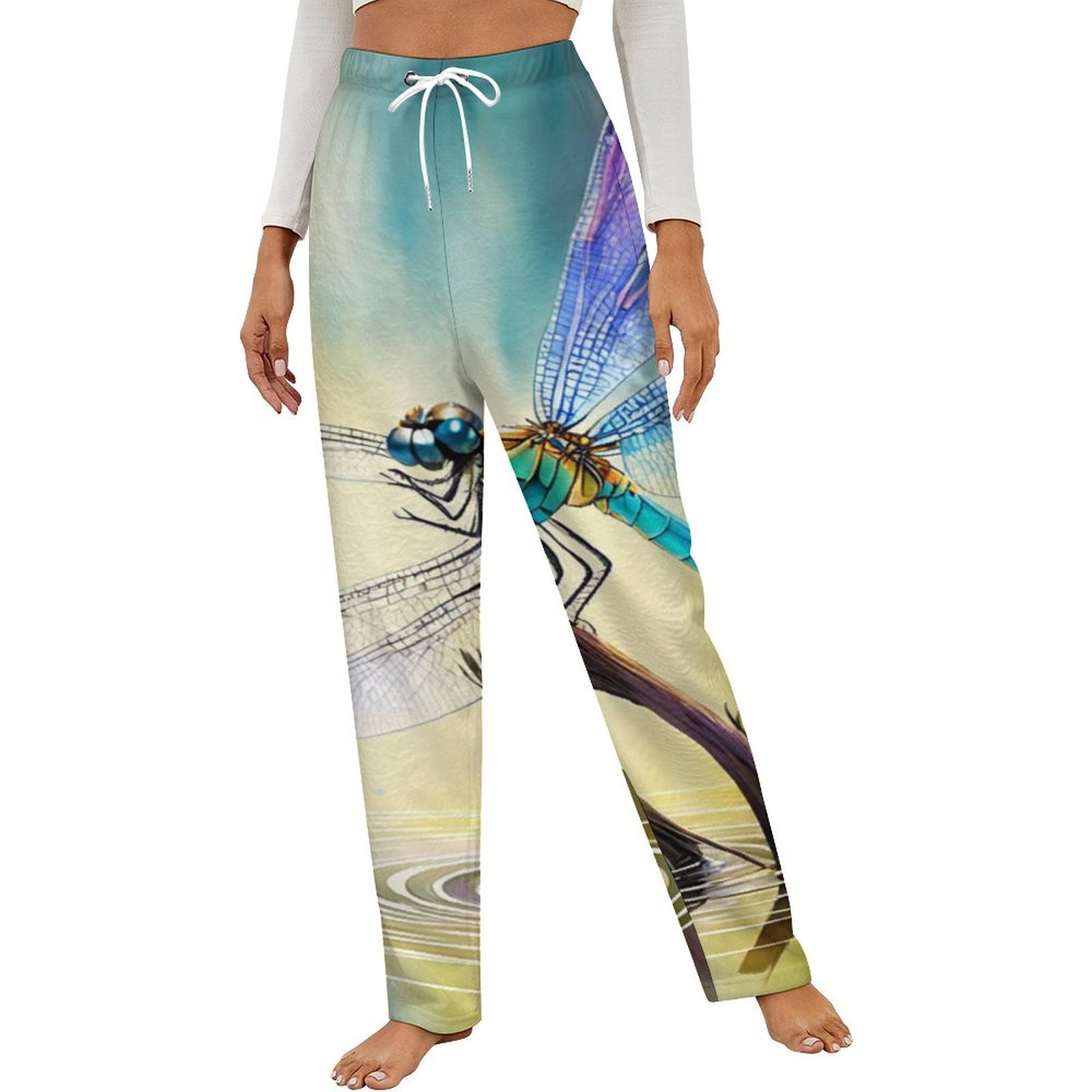 Dragonfly Water Reflection Art Winter Female Pants Flannel High Waist ...