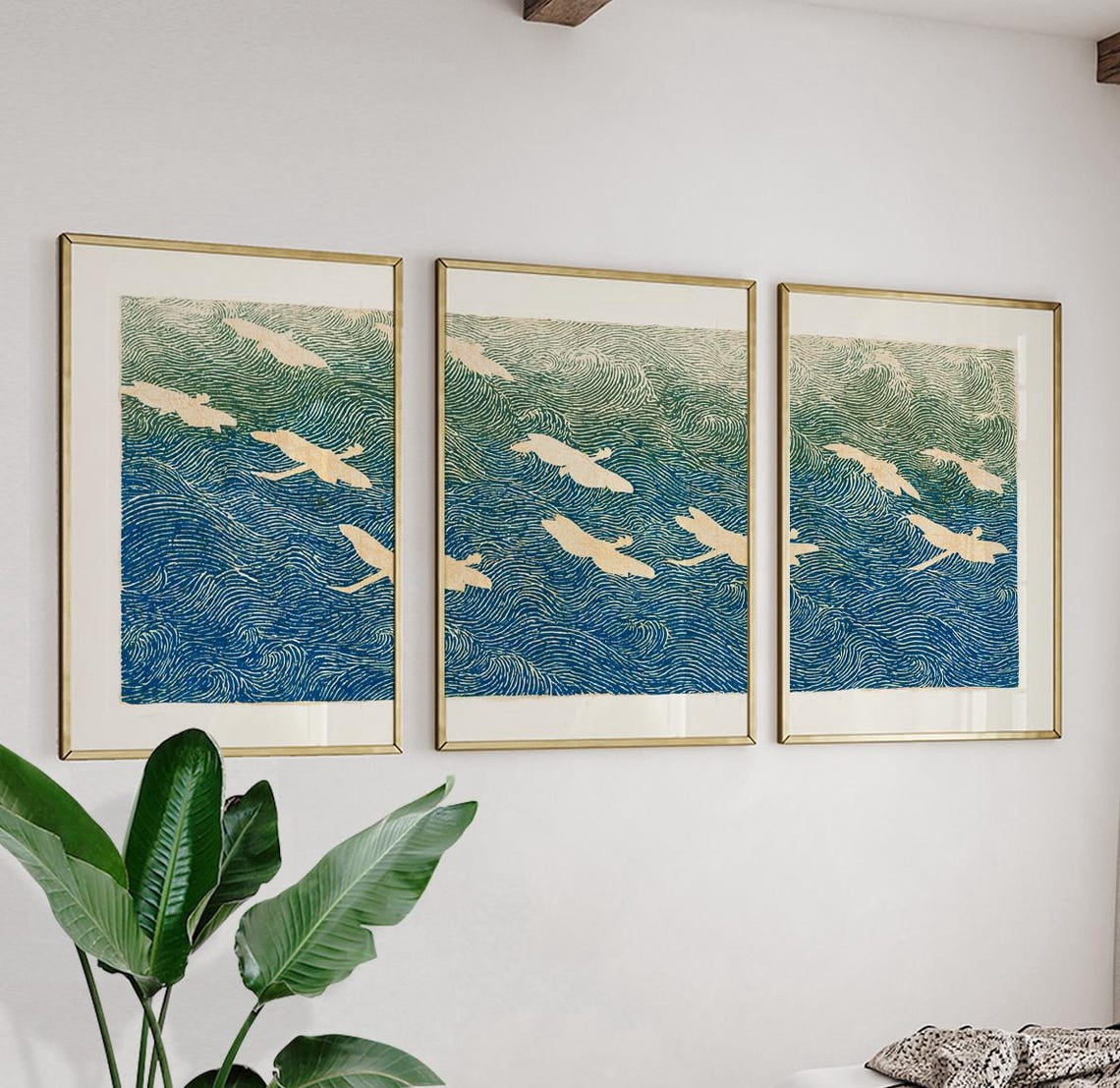Dragonfly Wave Japanese Line Art Wall Decor Art Set 3 Unframed Paper ...