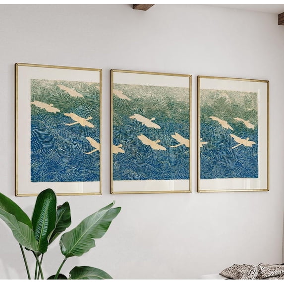 Dragonfly Wave Japanese Line Art Wall Decor Art Set 3 Unframed Paper ...