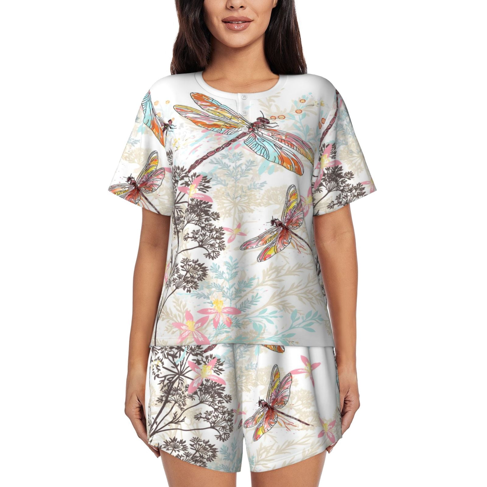 Dragonfly Women’S Short-Sleeved Pyjama Set Round-Neck Loungewear for ...