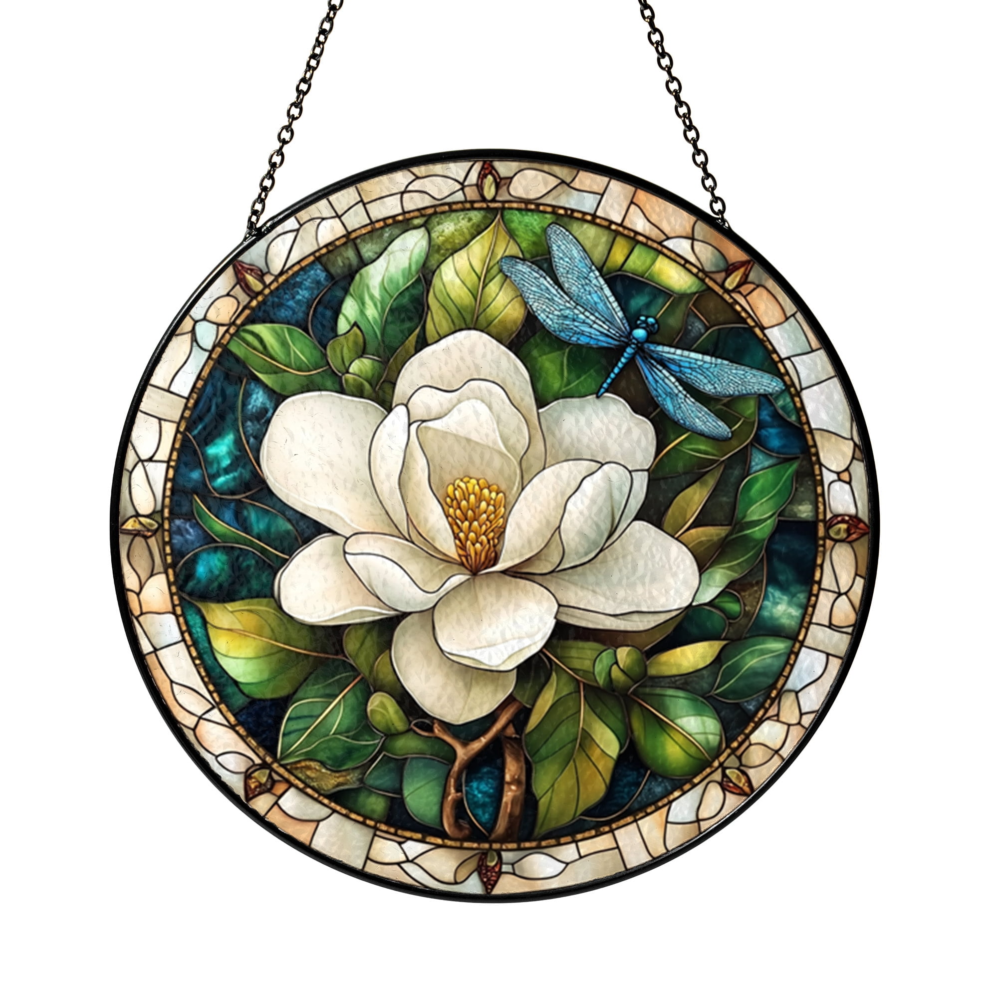 Dragonfly and Magnolia Stained Glass Style Suncatcher – Nature Window ...