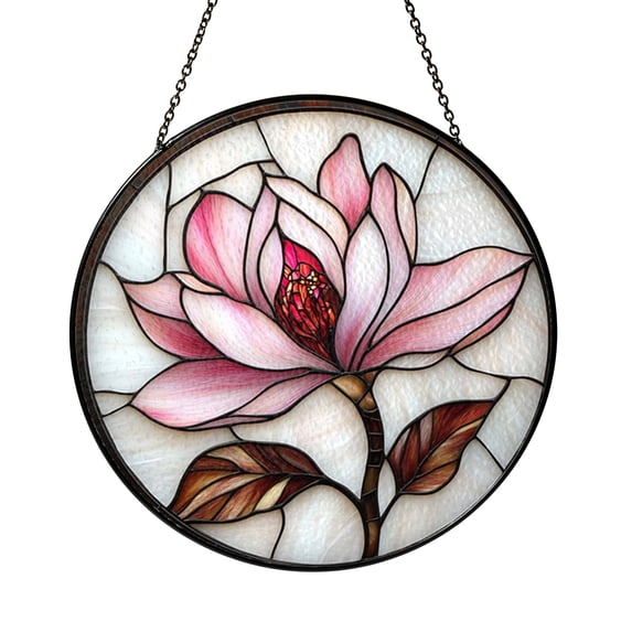 Botanical Magnolia Stained Glass Window Suncatcher, Round Pink Flower ...