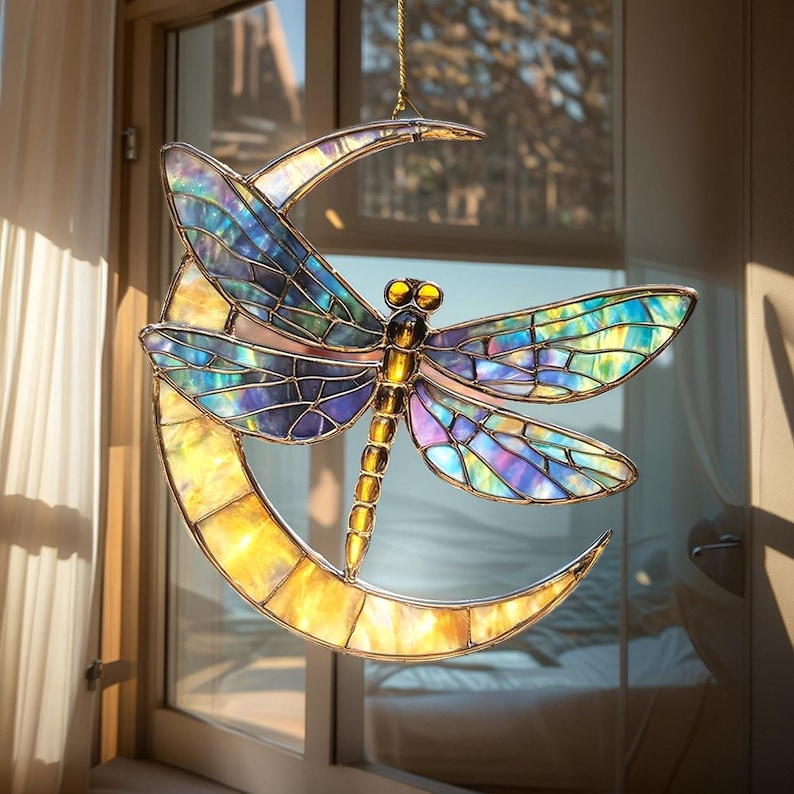 Dragonfly on Crescent Moon Acrylic Suncatcher - Faux Stained Glass ...