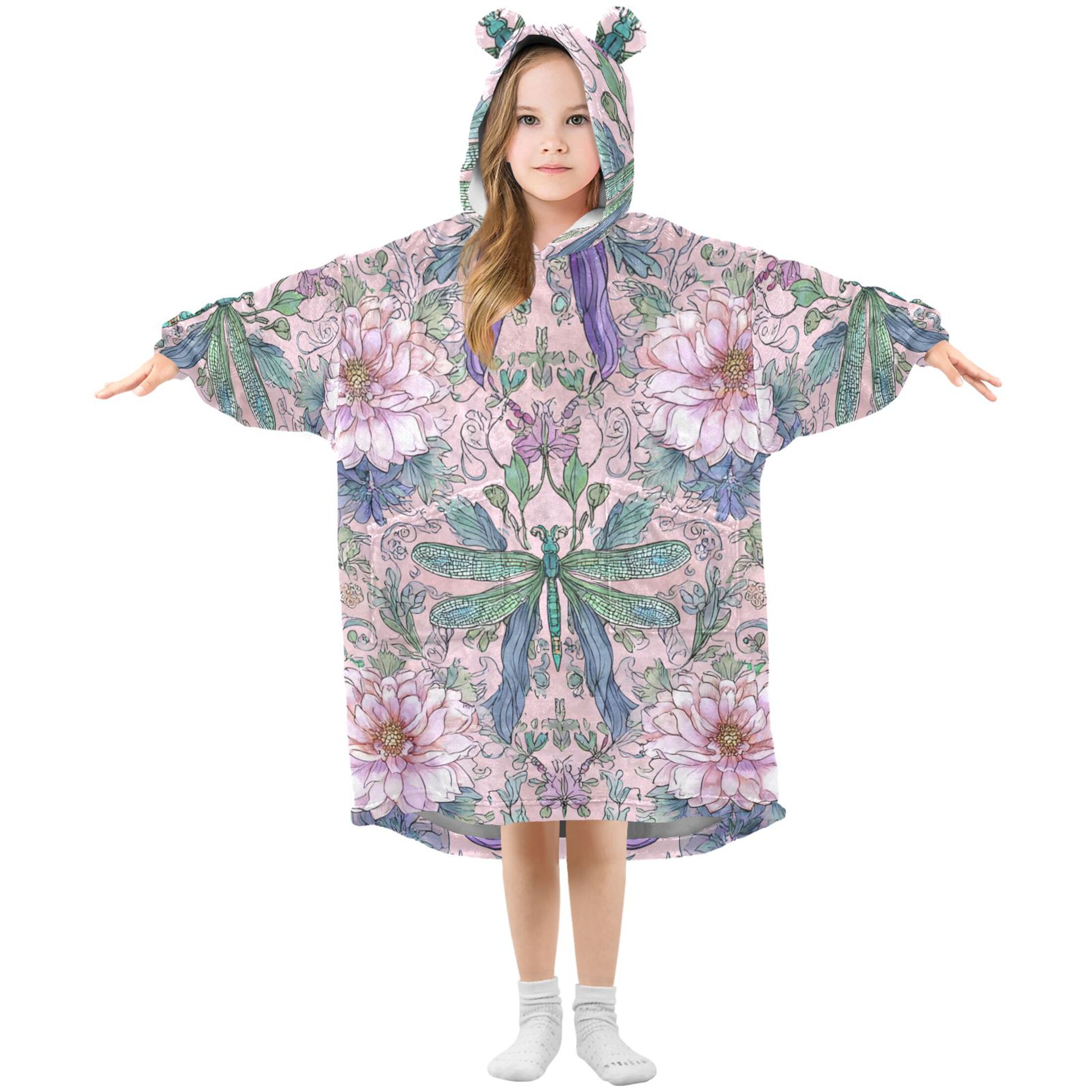 Dragonfly with Bows Flowers Elegant Flannel Wearable Blankets Hooded ...