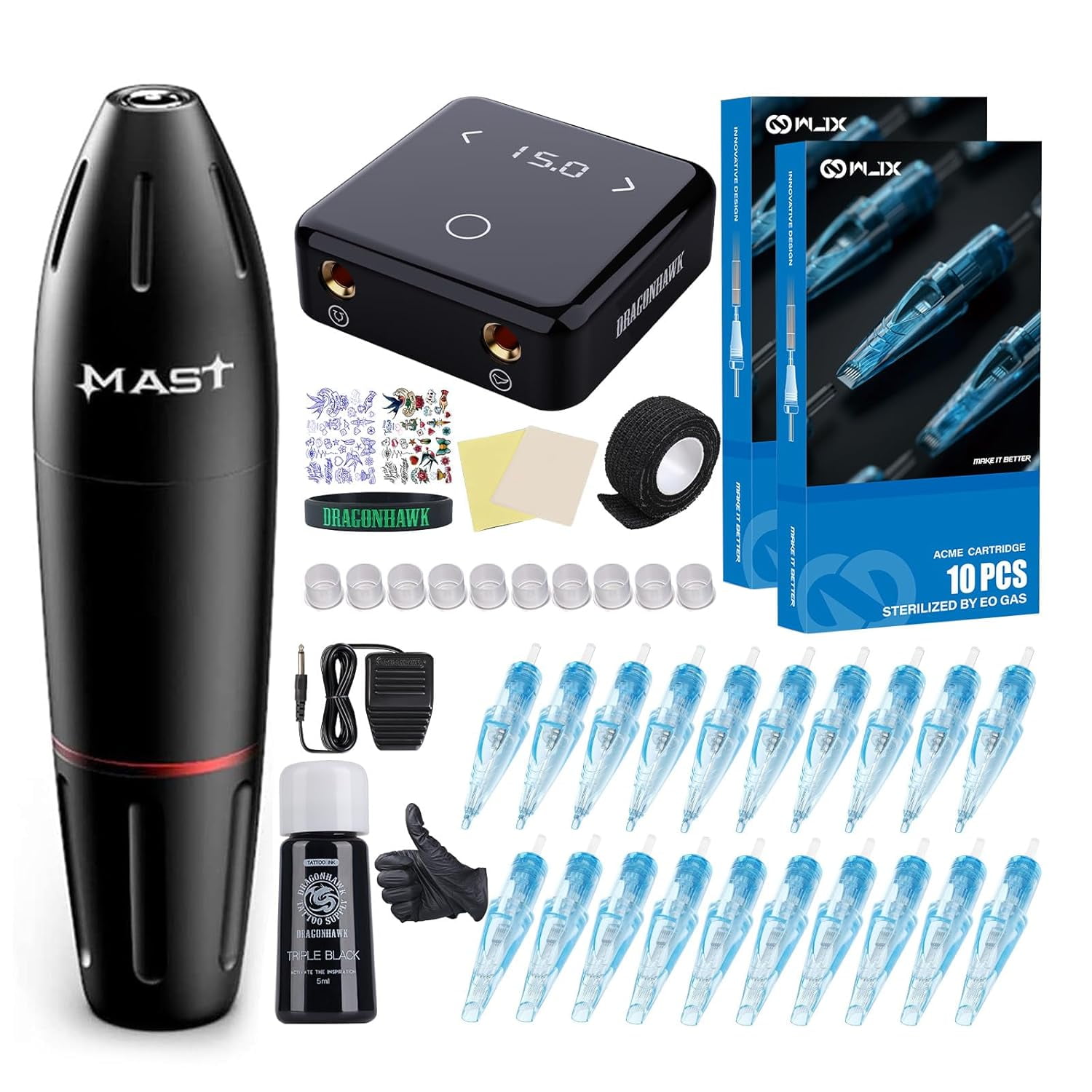 Dragonhawk Tätoo Machine Kit Rotary Tätoo Pen Gun Kit 20Pcs Tätoo ...
