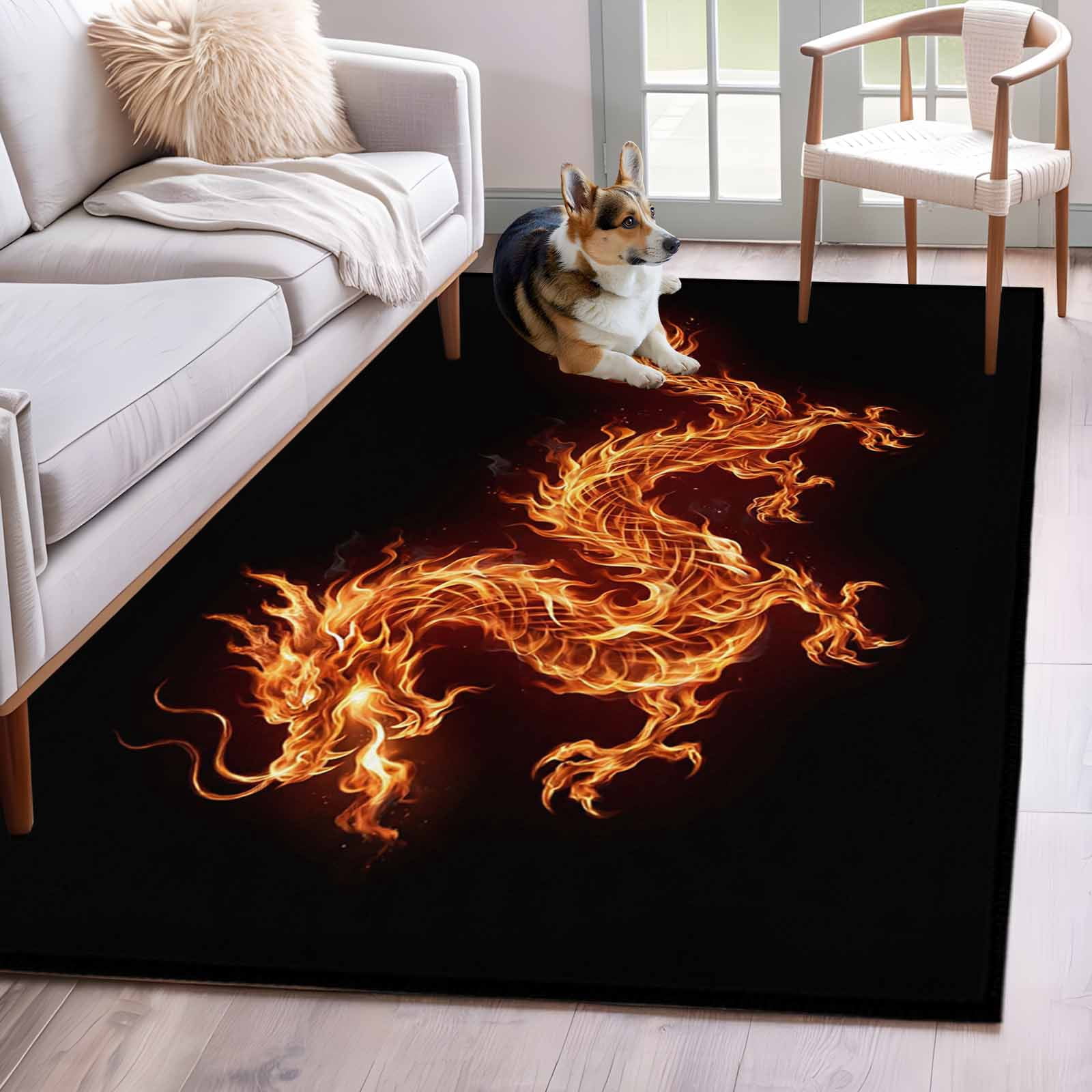 Dragons Flames Area Rugs 3x5 ft Orange Dragon Abstract Art Black ...