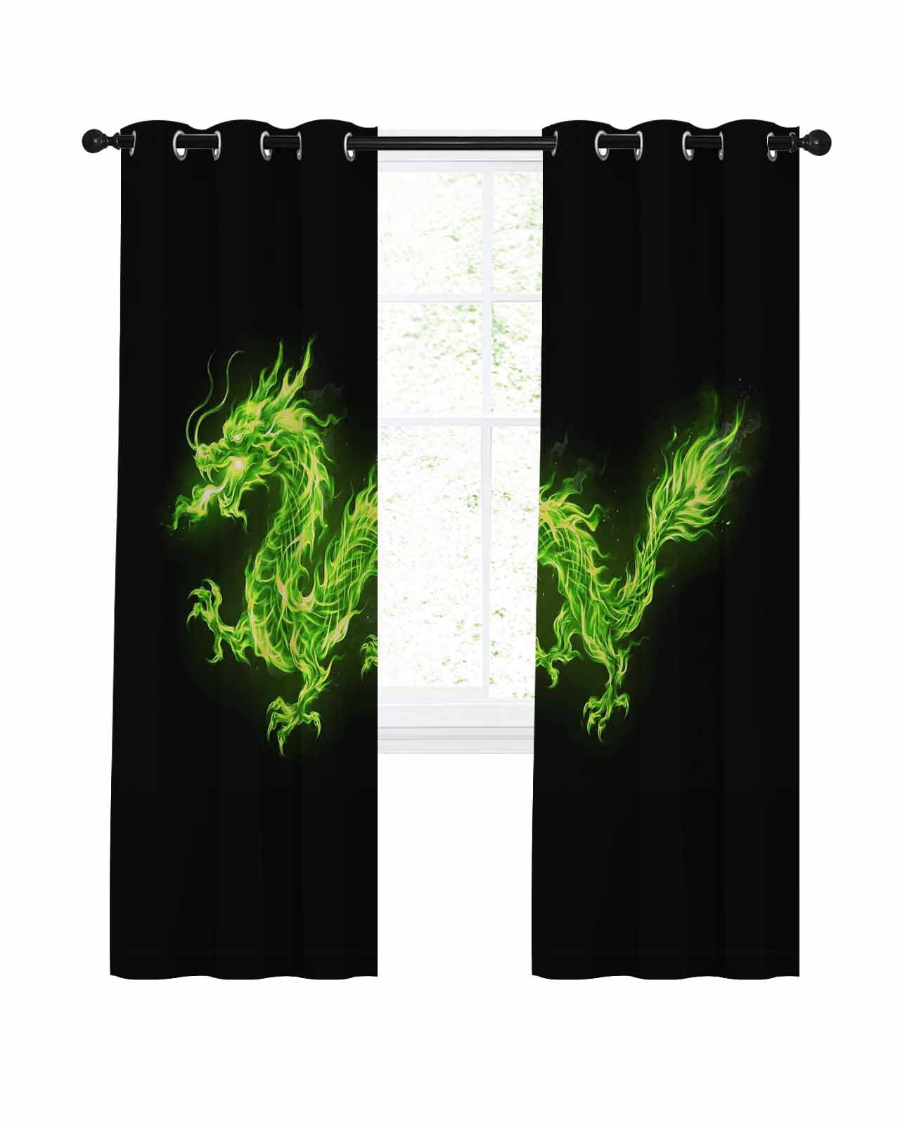 Dragons Flames Blackout Curtains 72 Inch Length Green Dragon Abstract ...