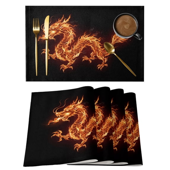 Dragons Flames Cotton Linen Placemats Set of 6, Orange Dragon Abstract ...