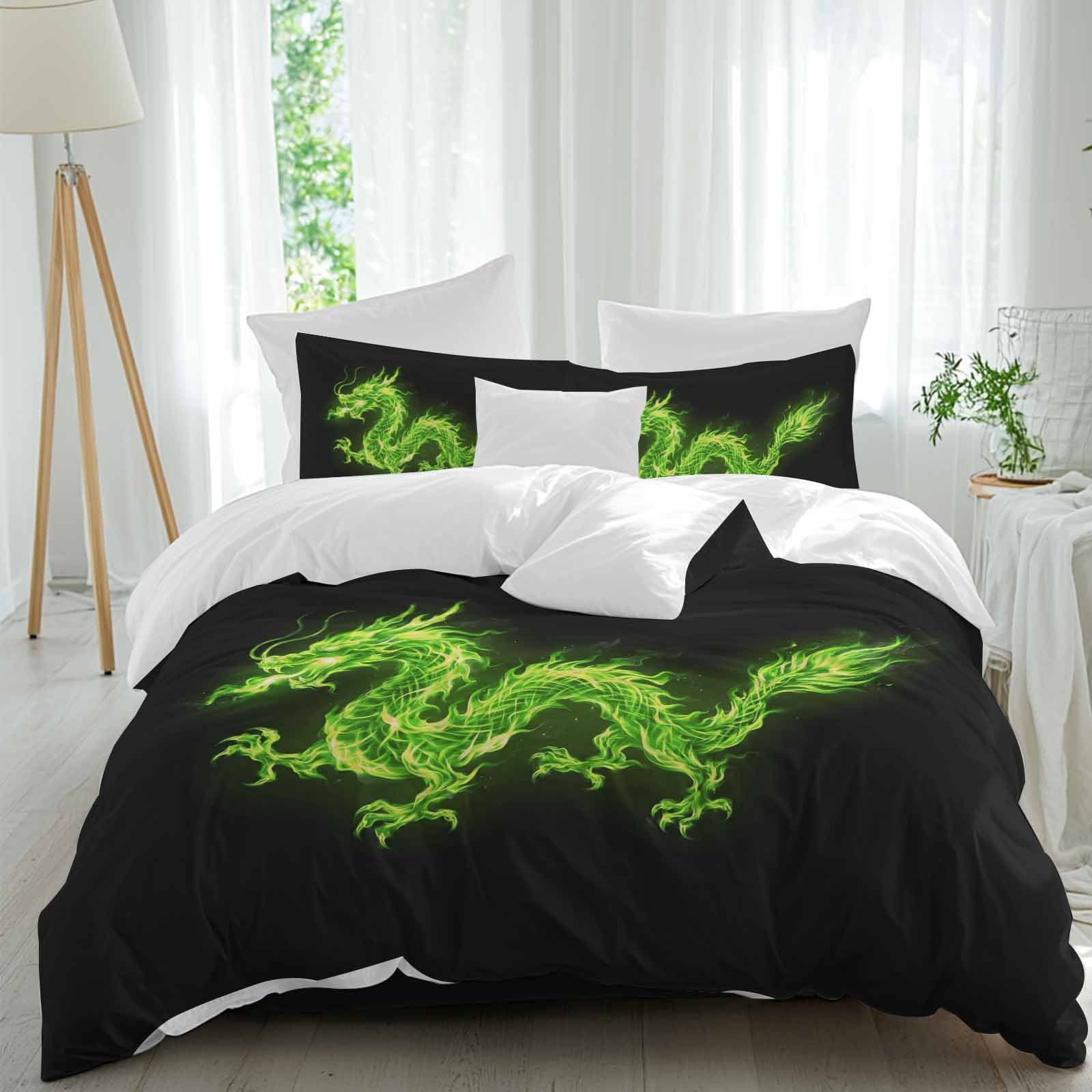 Dragons Flames Full Duvet Cover Set, Green Dragon Abstract Art Black ...