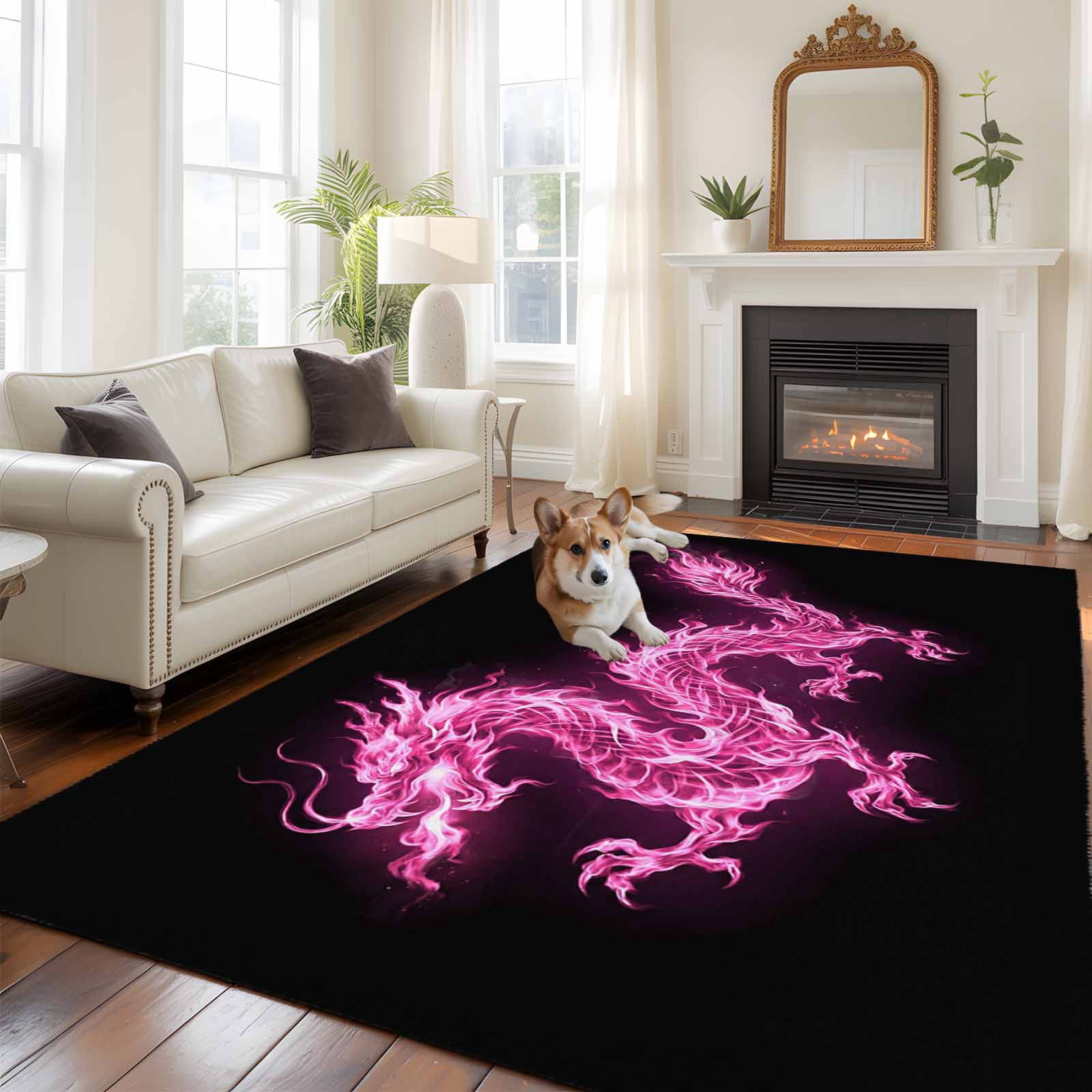 Dragons Flames Large Area Rugs 5x8 ft Pink Dragons Abstract Art Black ...