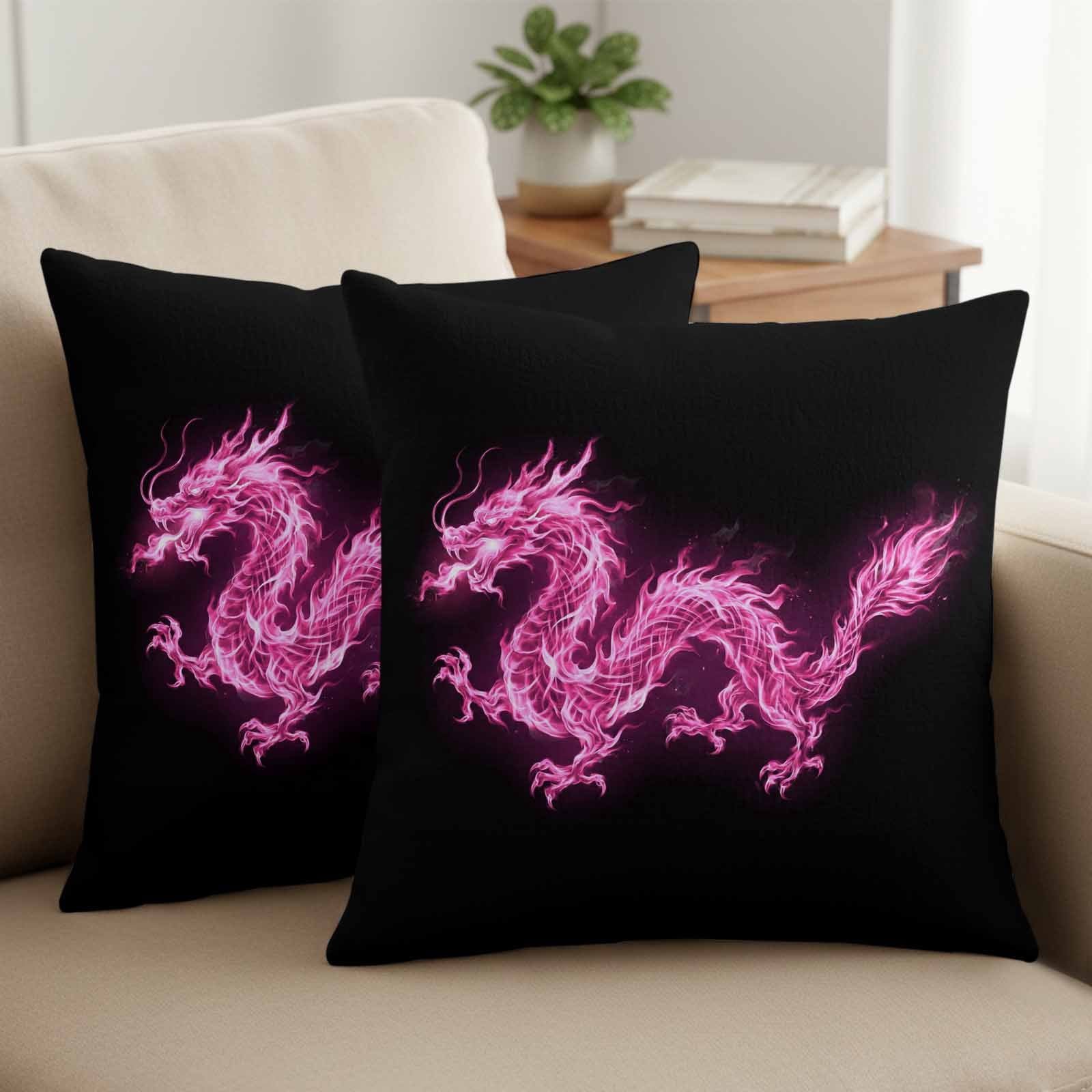 Dragons Flames Pillow Covers Set of 2, Pink Dragons Abstract Art Black ...