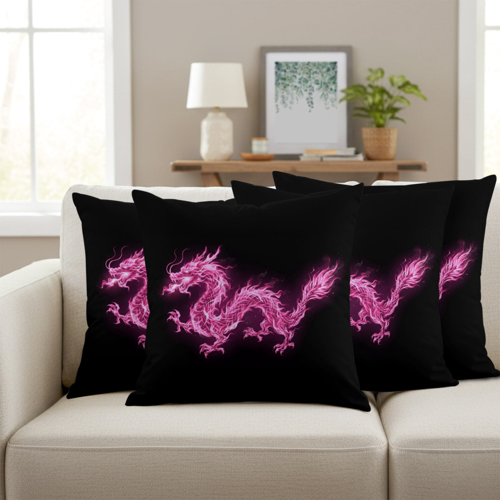 Dragons Flames Pillow Covers Set of 4, Pink Dragons Abstract Art Black ...