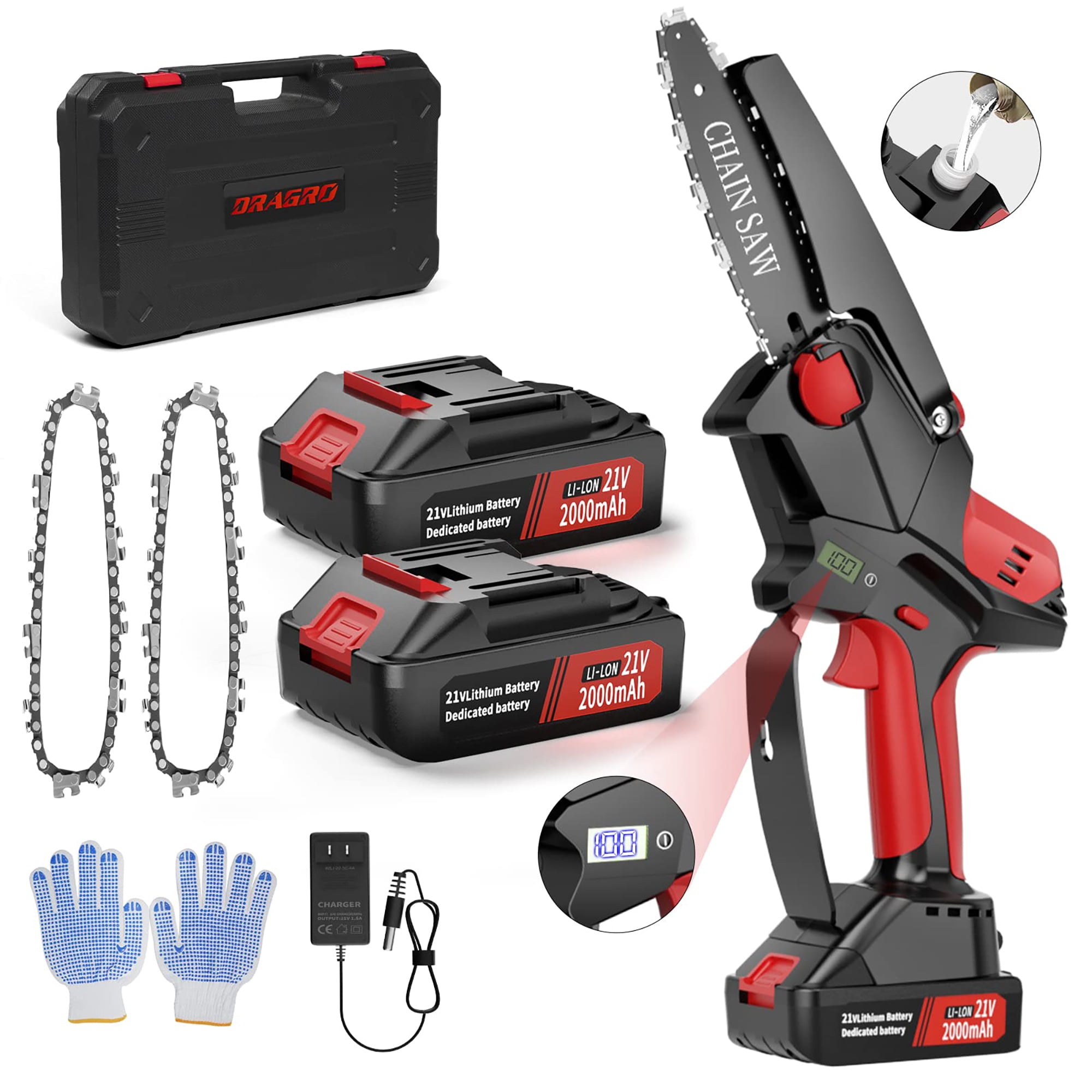 Dragro 6'' Cordless Mini Chainsaw with LCD, Electric Saw with Oil ...