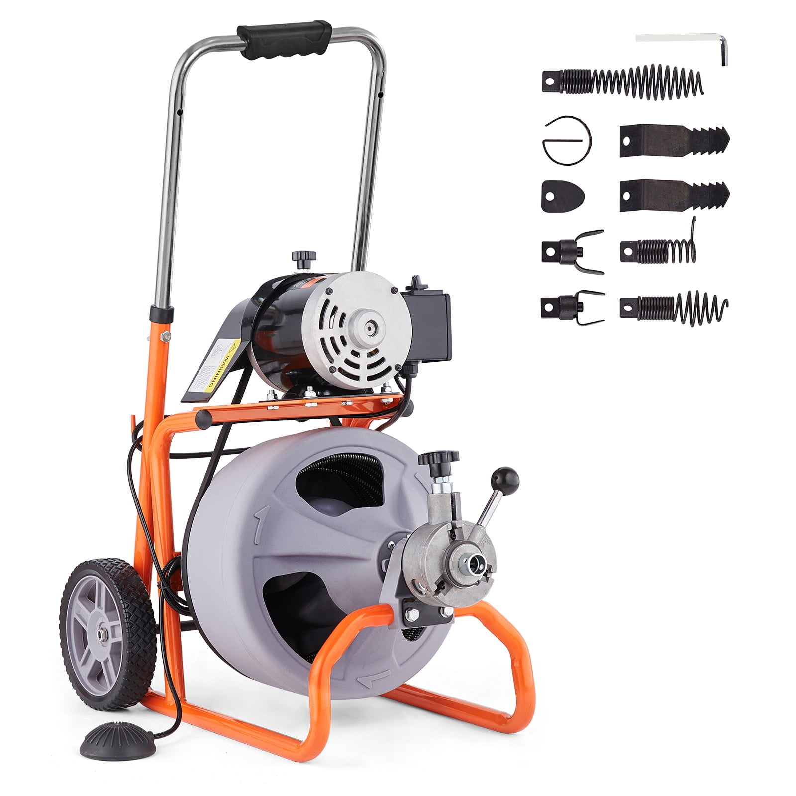 Drain Cleaner Machine 75FT x 3/8 Inch Auto Feed with Wheels & 8 Cutters ...