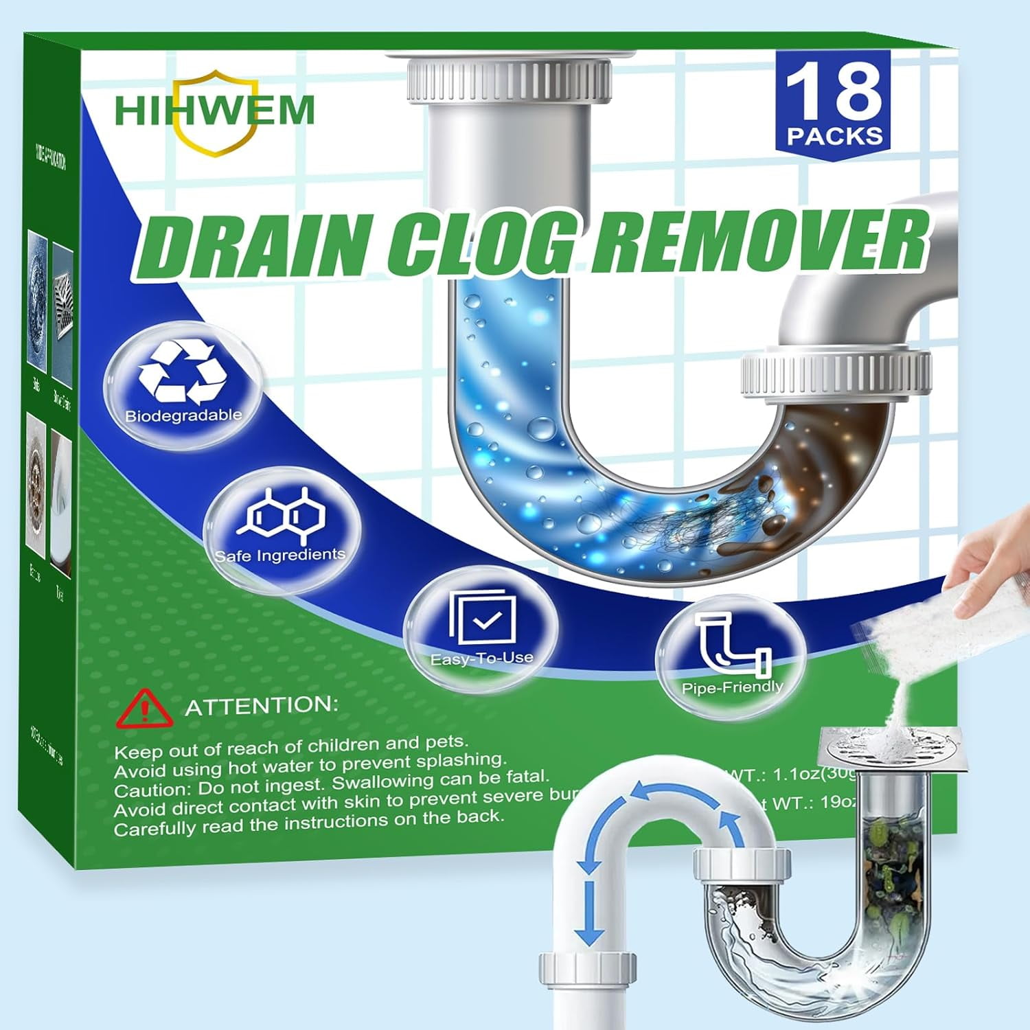 Drain Clog Remover Powder Sink Drain Cleaner for Hair and Grease, 18 ...