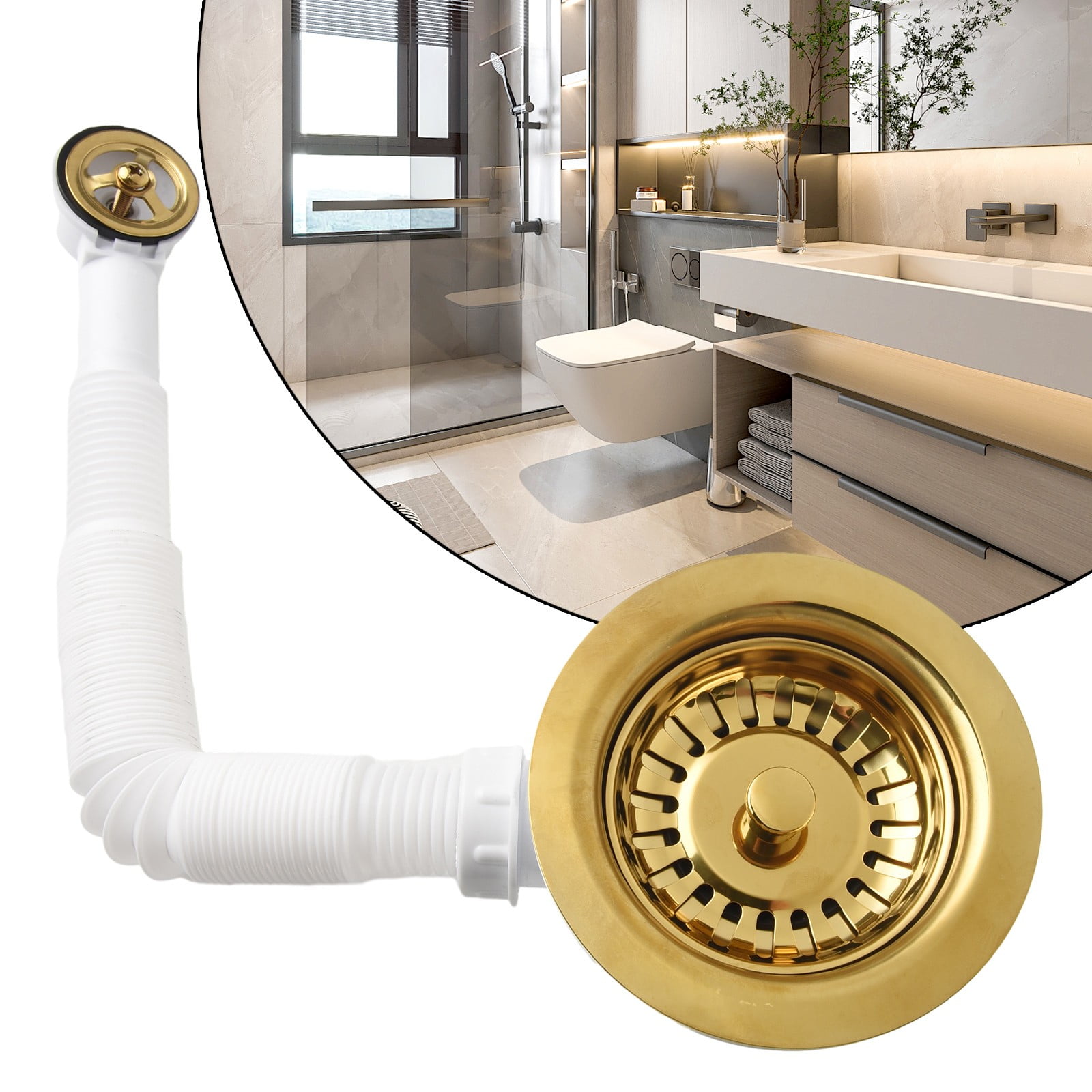 Drain Sink Downcomer 114Mm Gold-Plated Strainer with Overflow Anti ...