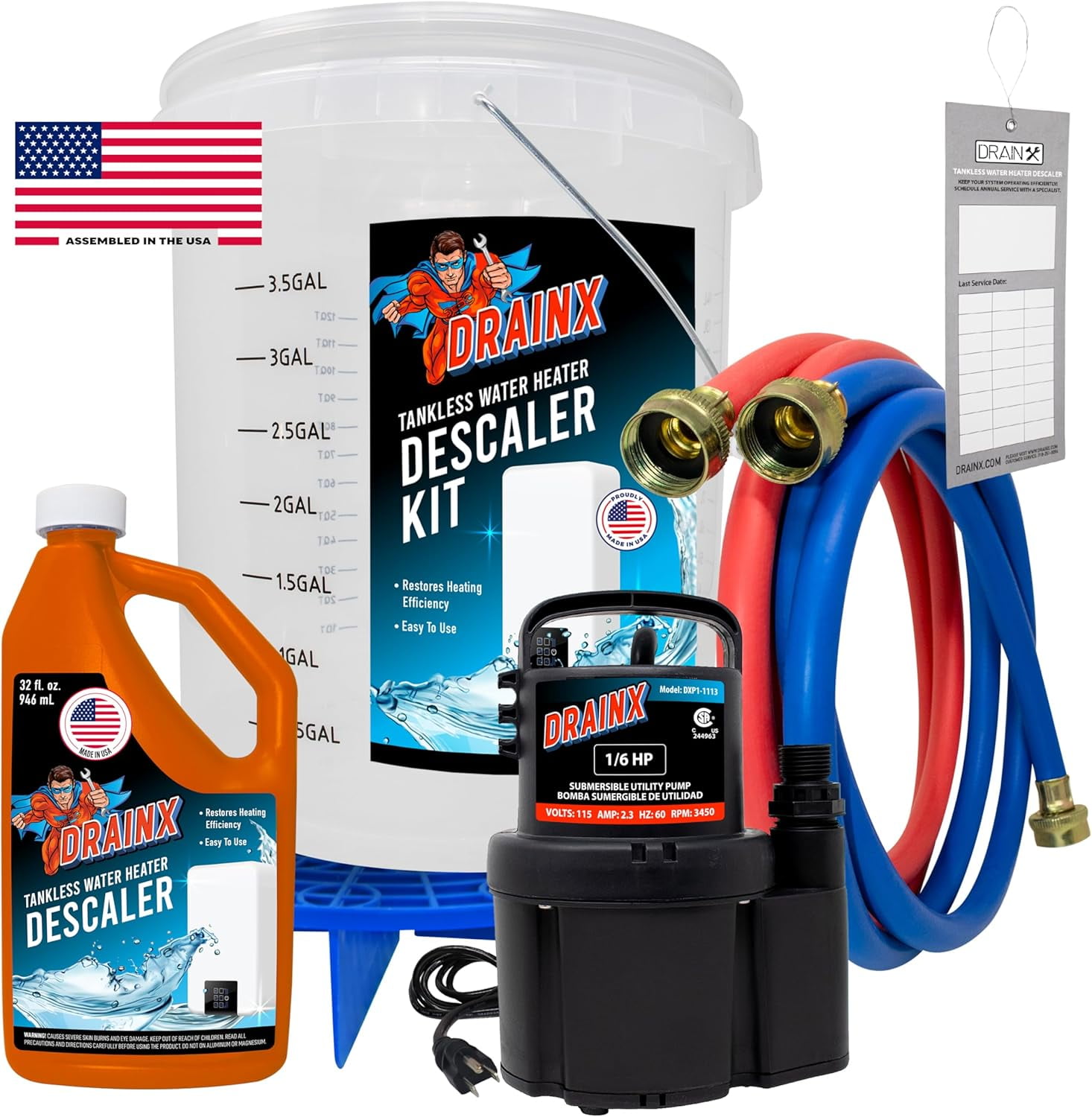 DrainX Tankless Water Heater Flushing Kit with Pump, Hoses, Bucket ...