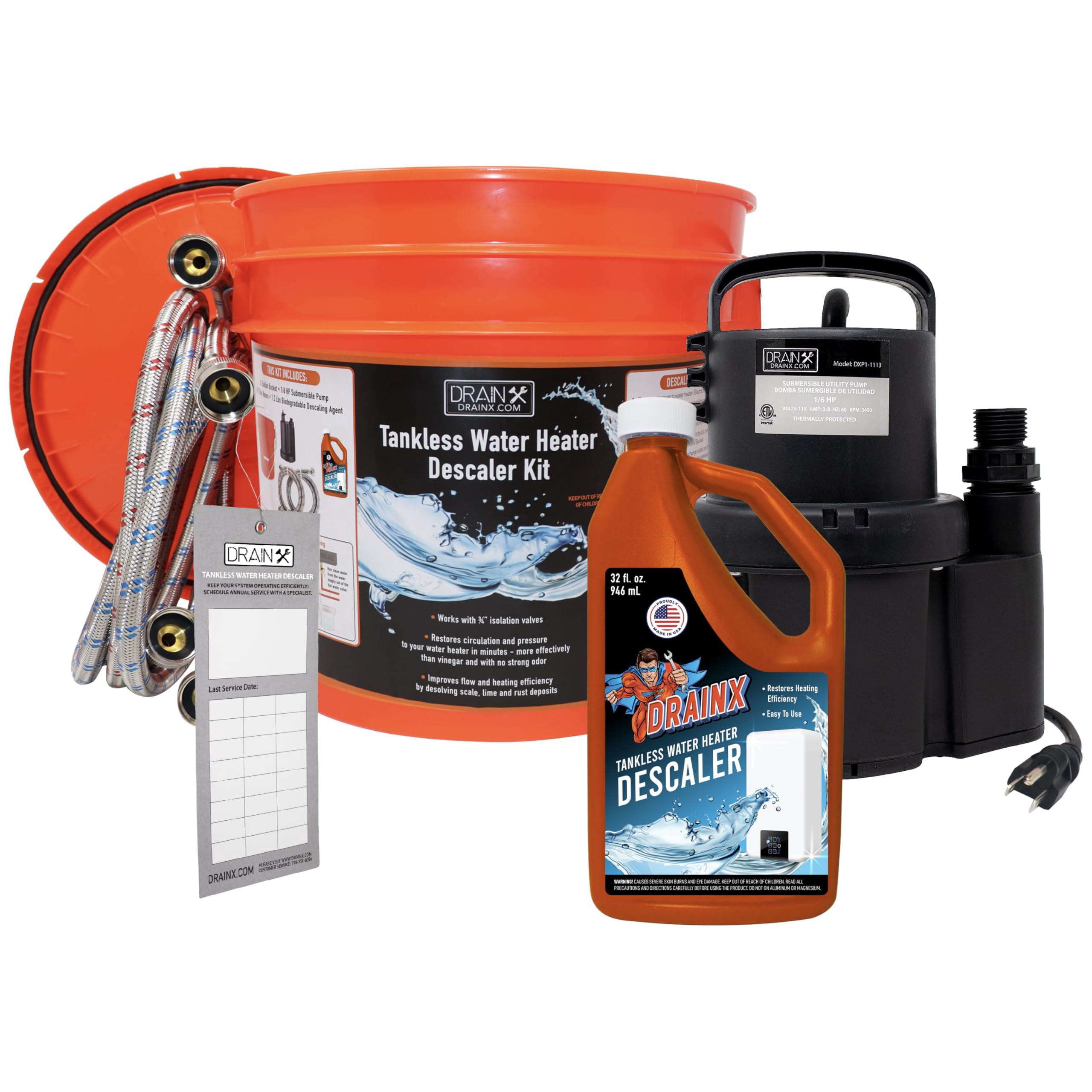 DrainX Tankless Water Heater Flushing Kit with Eco-safe Liquid Descaler ...