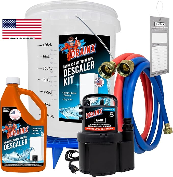 DrainX Tankless Water Heater Flushing Kit with Submersible Pump, Hoses ...