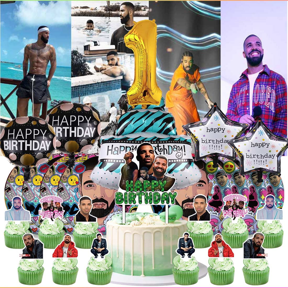 Drake 1st Tableware Balloons Cake Toppers Backdrop Banner Supplies ...