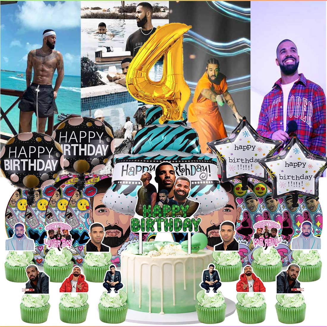 Drake 4th Tableware Balloons Cake Toppers Backdrop Banner Supplies ...