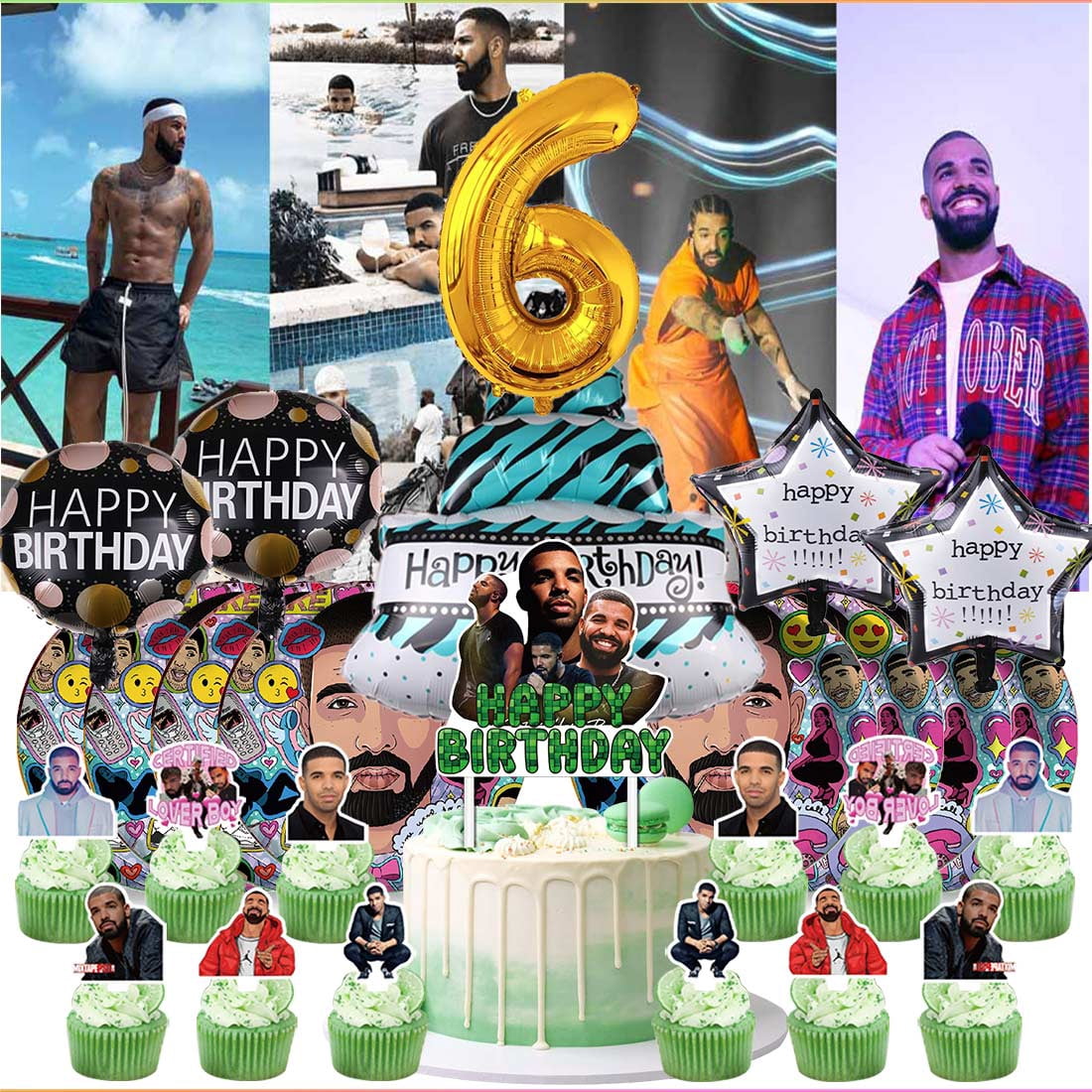 Drake 6th Tableware Balloons Cake Toppers Backdrop Banner Supplies ...